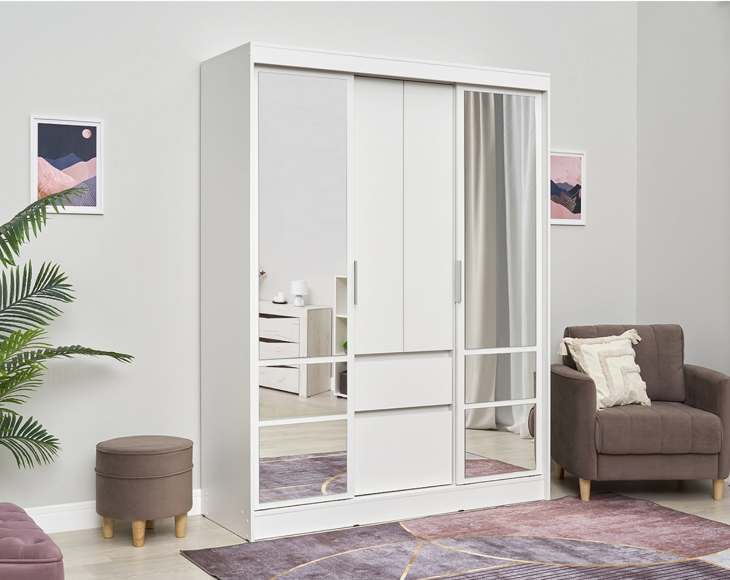 Шкаф-купе для одежды с зеркалом, с ящикамии ЛДСП (белый), 160х58х210 см