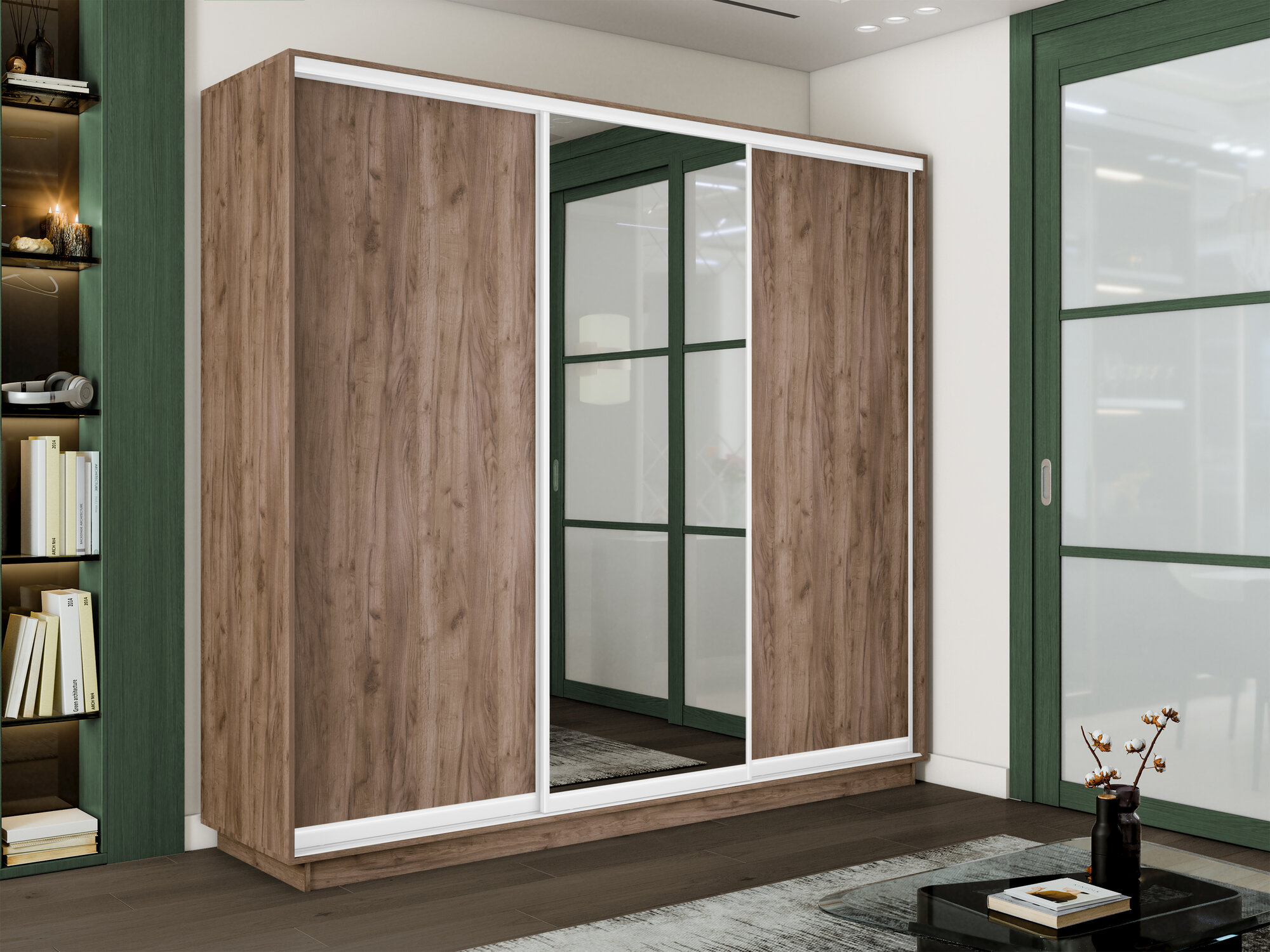 Шкаф купе Вилли 3-х дверный ЛДСП с зеркалом, профиль белый 180 см х 220 см х 45 см (Крафт табачный)