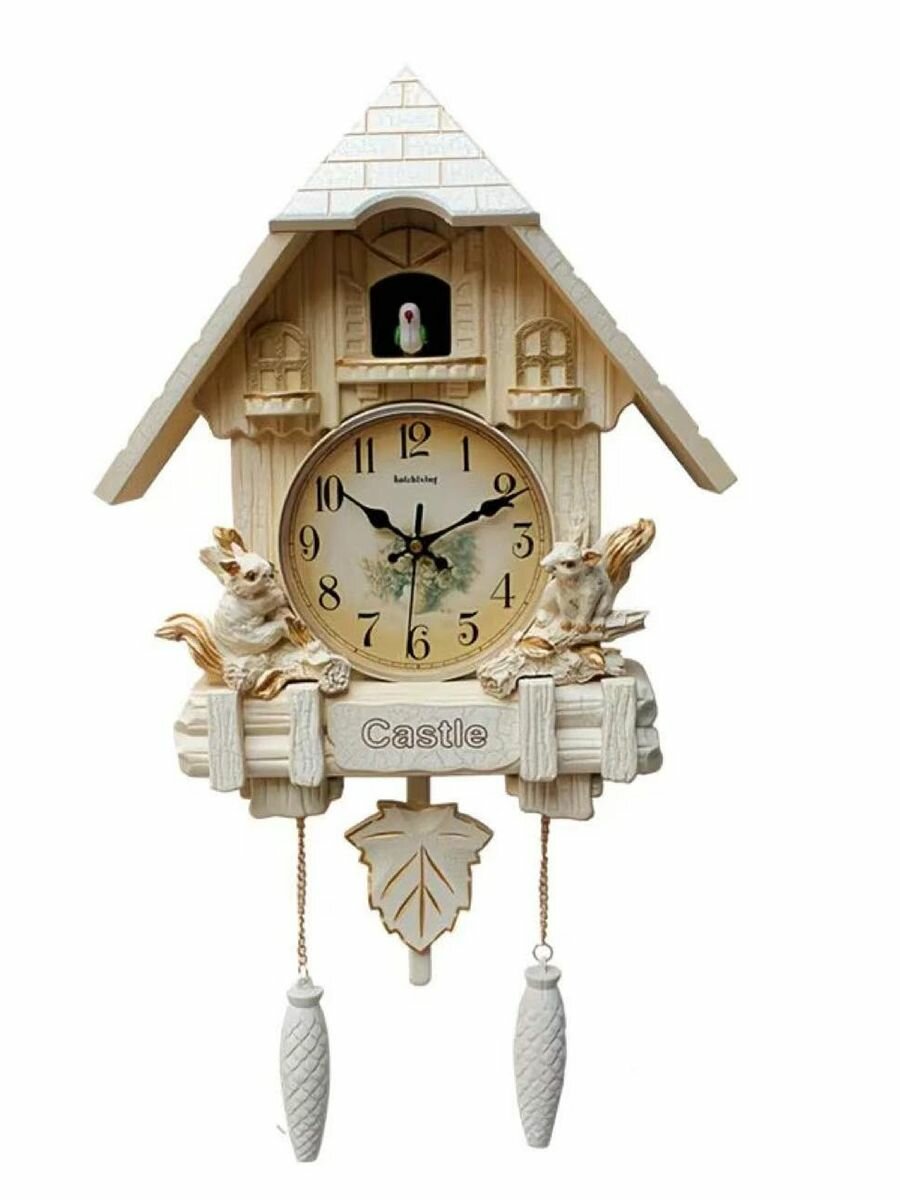 Часы настенные с кукушкой "Замок с птицами", плавный ход, 63х8х32 см, белые