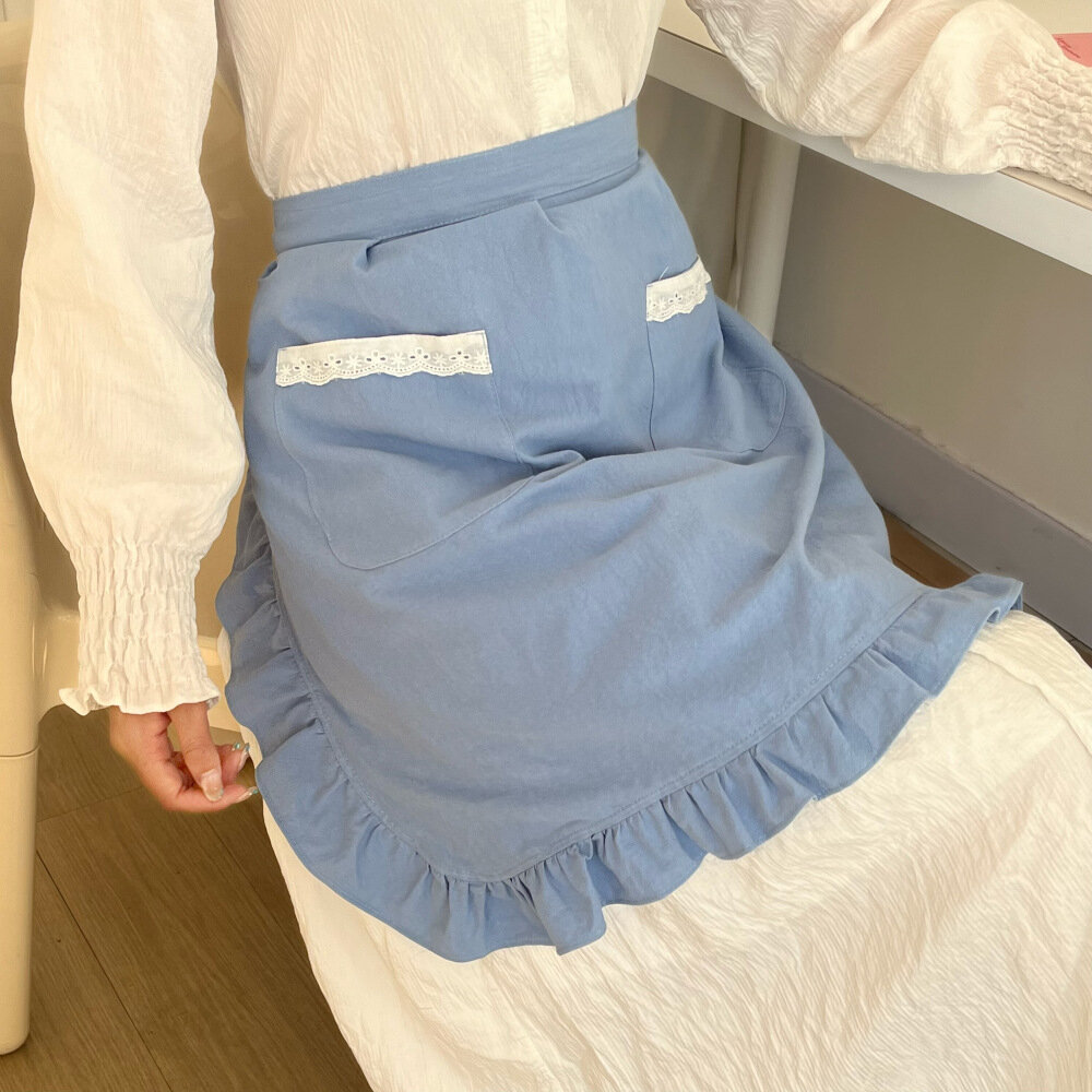 Водонепроницаемый полудлинный фартук из чистого хлопка с кружевом в корейском стиле для взрослых, кухонный домашний фартук с кружевом, полудлинный, модный для домашней работы