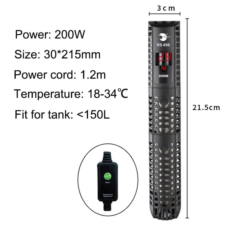 Погружной нагреватель для аквариума 200W, 18-34°C, до 150L