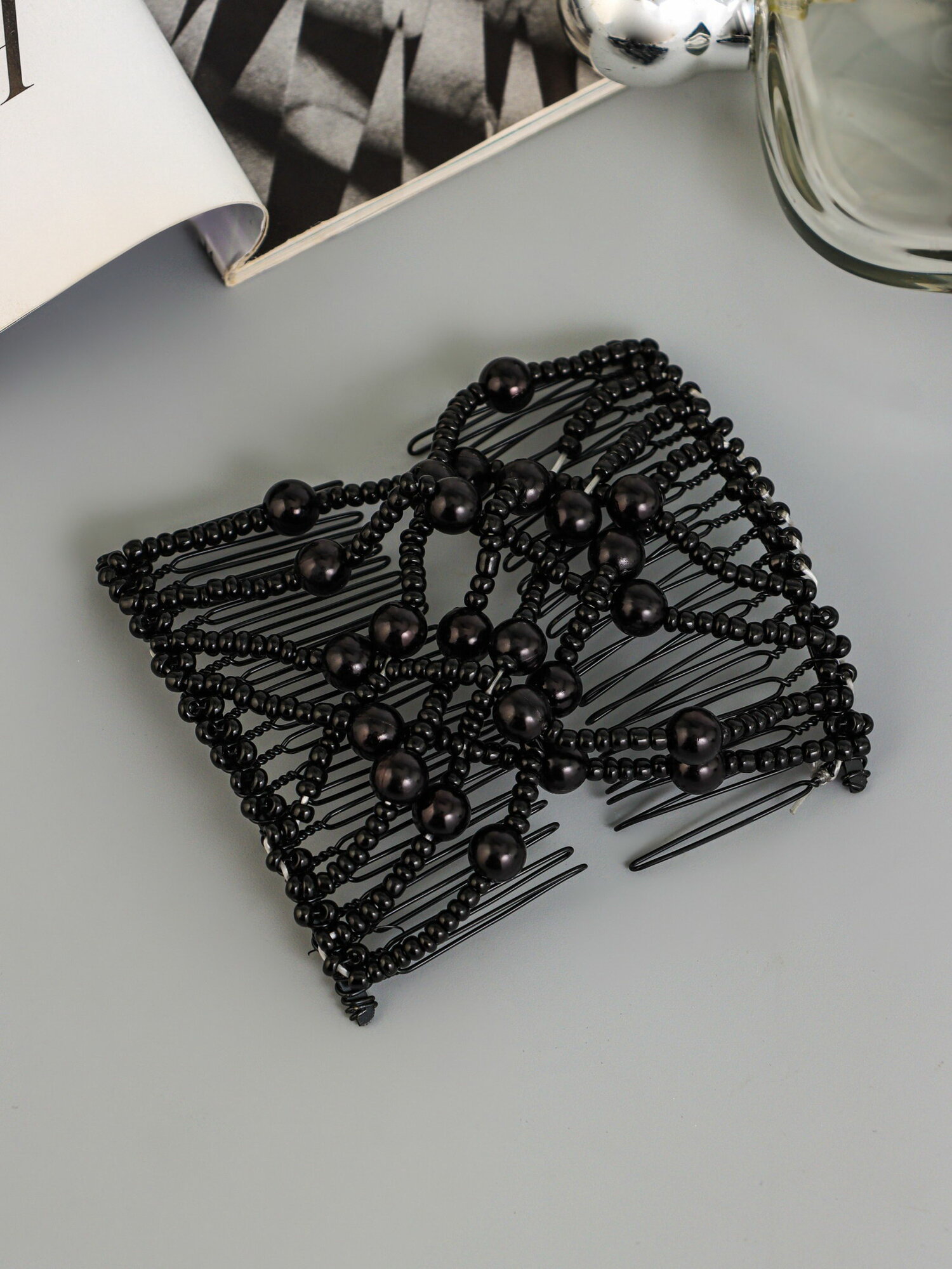 Зажим для волос "Жемчужная сетка", шарики, 9 см, чёрный, для кого: женский