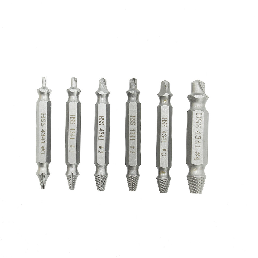 Набор сверл для удаления винтов 6 шт, инструмент для удаления винтов с сломанной головкой, экстрактор болтов, ремвер винтов, серебристый, материал быстрорежущей стали, твердость 58-60°, размеры 0# (диаметр 2~3мм), 1# (3~5мм), 2# (4~8мм), 2# (4~8мм), 3#