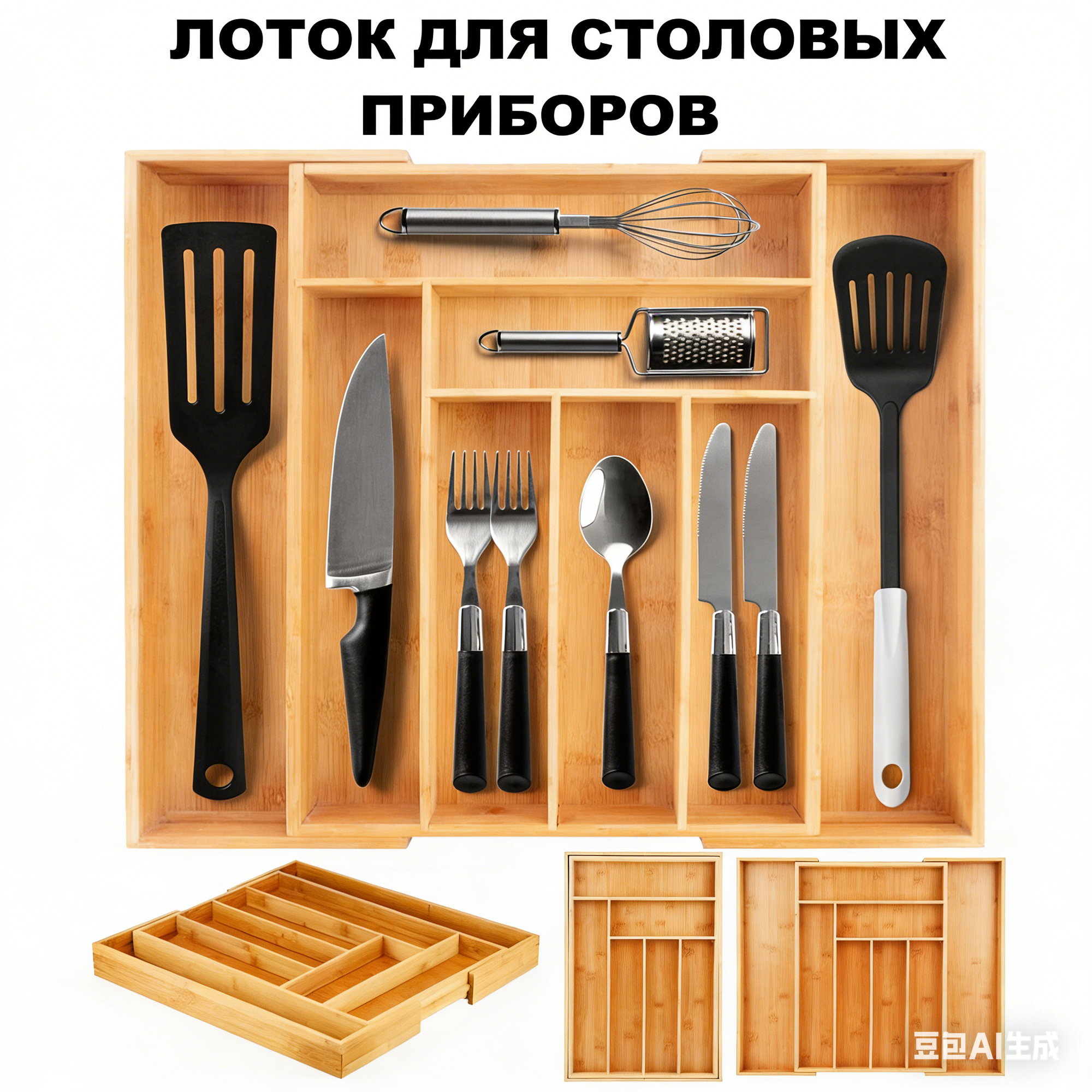 Лоток для столовых приборов, бамбук, бежевый, прямоугольный, 53x43 см