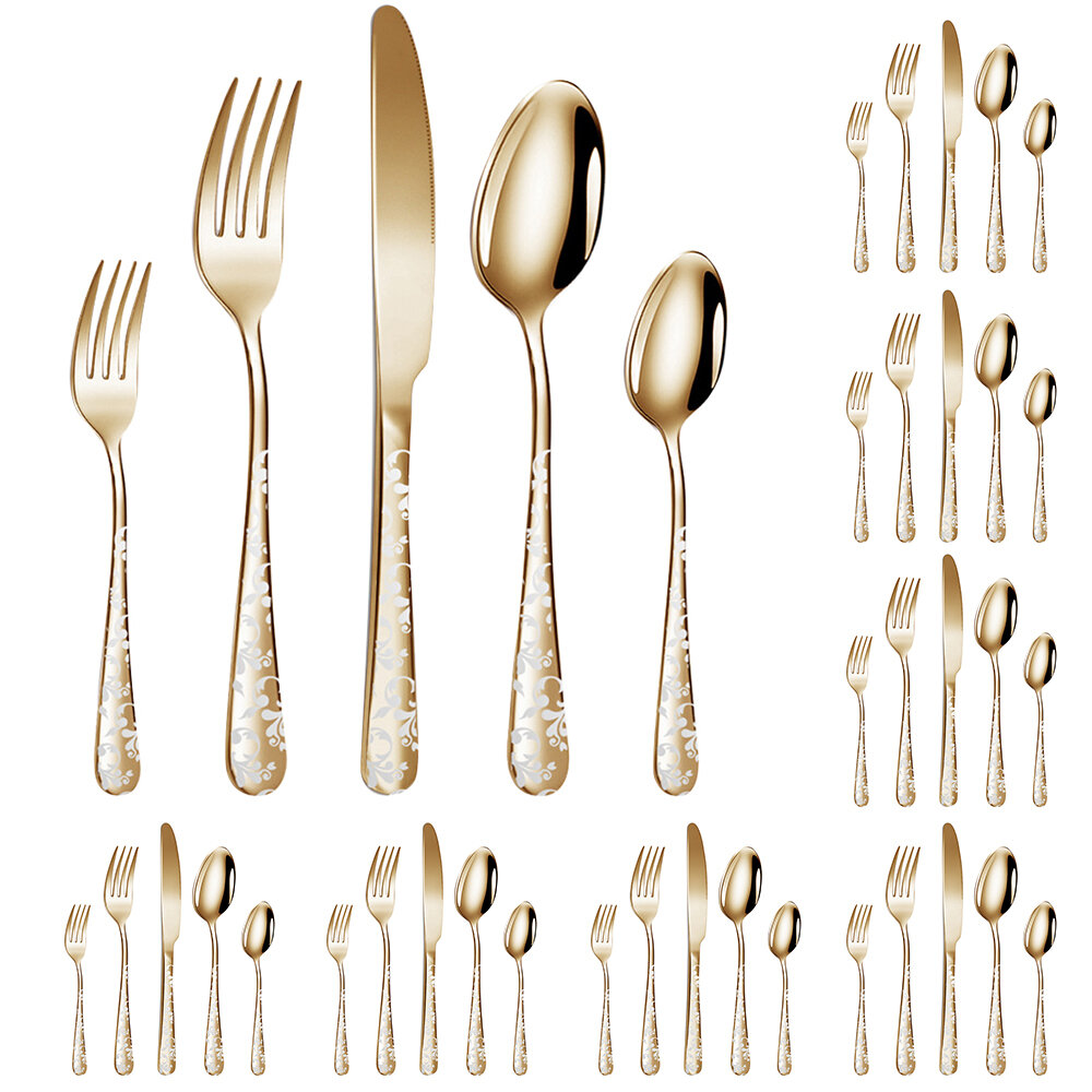 Набор столовых приборов из нержавеющей стали 40 штук, зеркально полированный, 8 ножей, 8 вилок, 8 ложек, 8 чайных вилок, 8 чайных ложек, цвет серебрный, золотой, розовый золото, разноцветный, черный