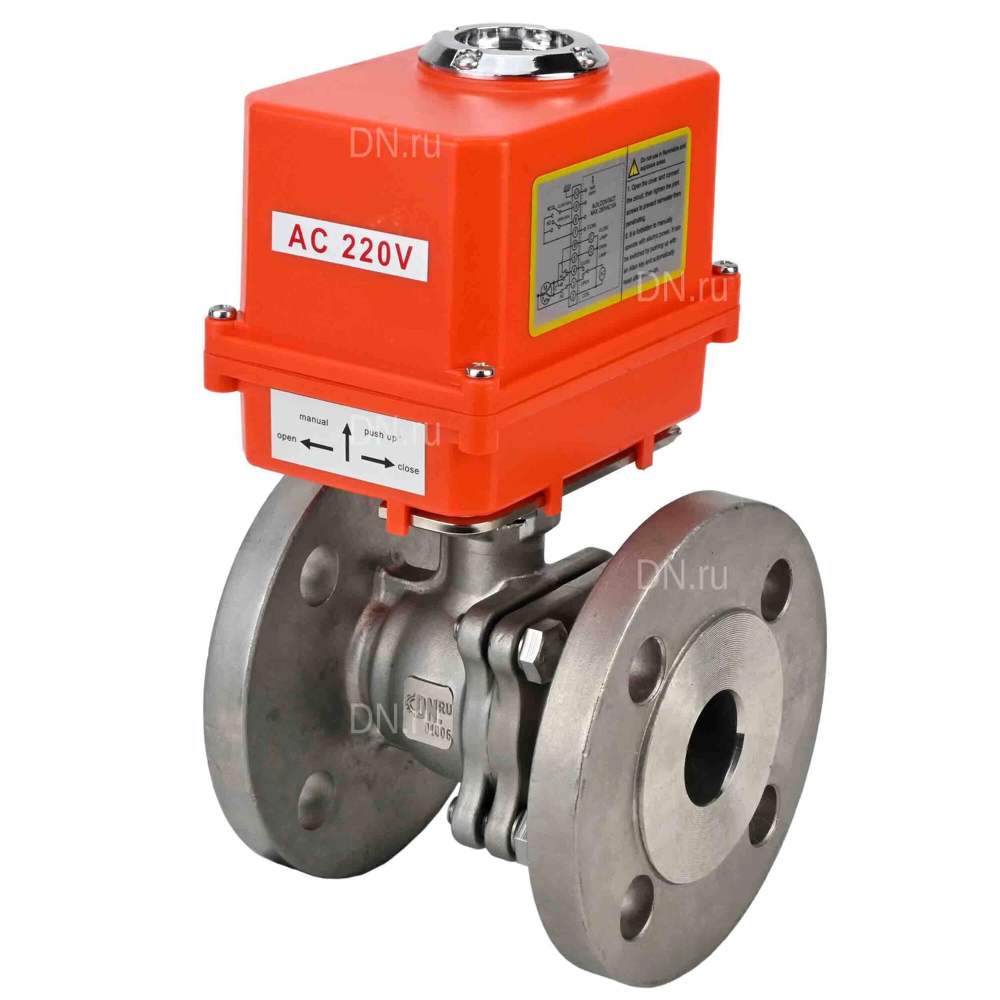 Кран шаровой DN.ru кшфп.316.200 Ду20 Ру40 полнопроходной двухходовой, нержавеющая сталь 316, фланцевый, уплотнение - PTFE, с электроприводом DN.ru-003 MINI 220В
