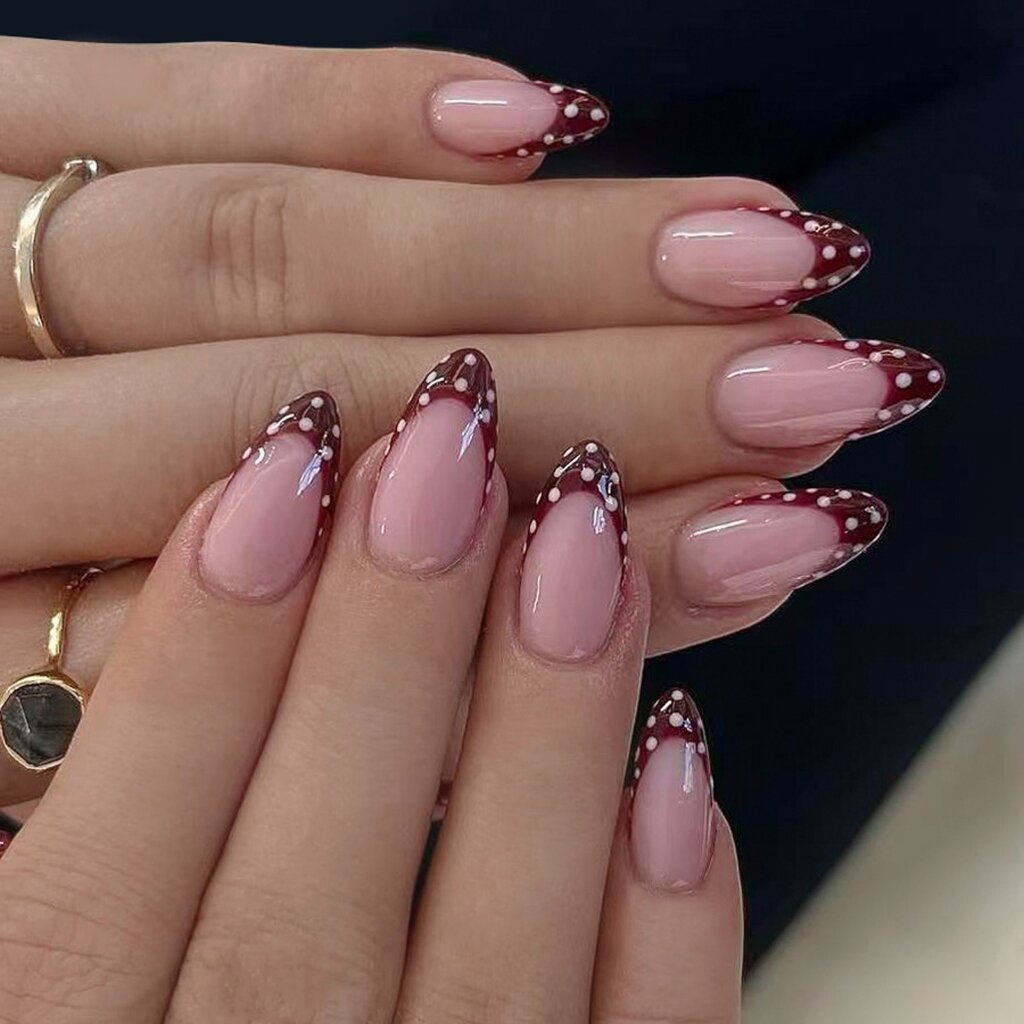 Винно-Красный Френч-Пресс Для Ногтей В Белый Горошек, Искусственный Ноготь Из АБС-Пластика Для Женщин, Вечерние Украшения Для Девочек