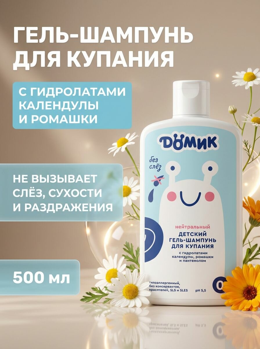 Гель-шампунь для купания Нейтральный 0+ с гидролатами календулы и ромашки без слёз, Дёмик, 500 мл