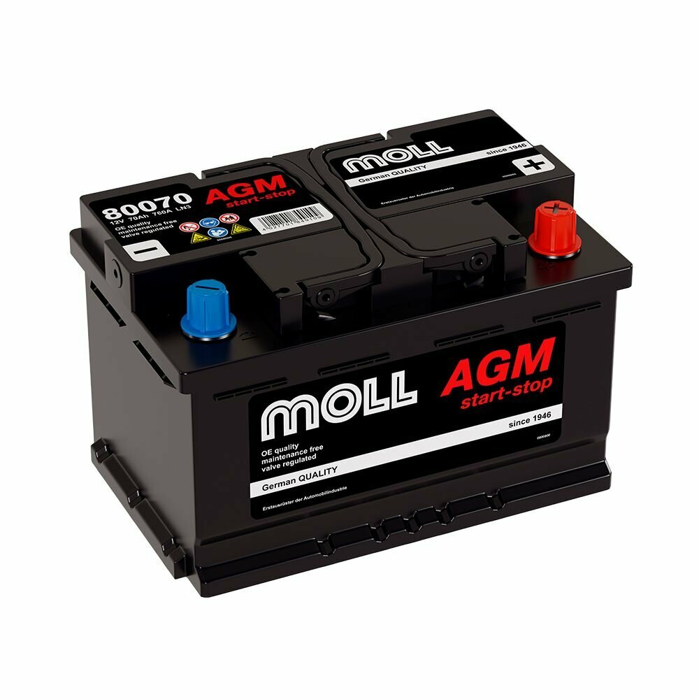 Аккумулятор MOLL AGM 80070 (12В 70Ач 760А 276х175х190мм) обр. пол.