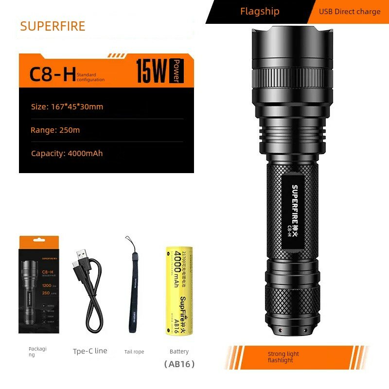 SupFire C8-H Светодиодный фонарик 15 Вт, 4000 мАч, одиночный аккумулятор, перезаряжаемый, портативный для дома
