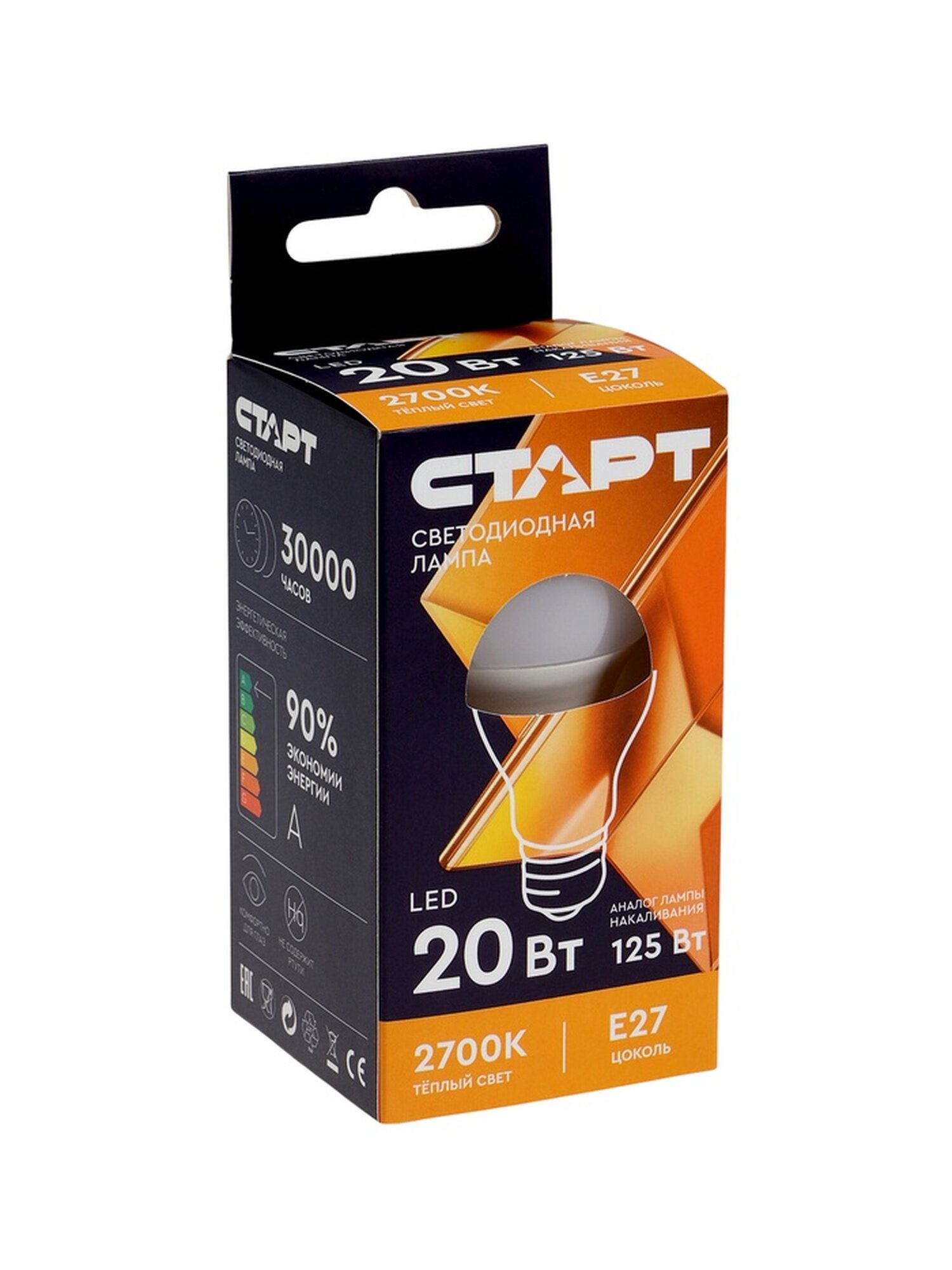 Лампа светодиодная старт, 20 Вт, Е27, А60, 2700К, 1600 Лм, теплый свет 10942785