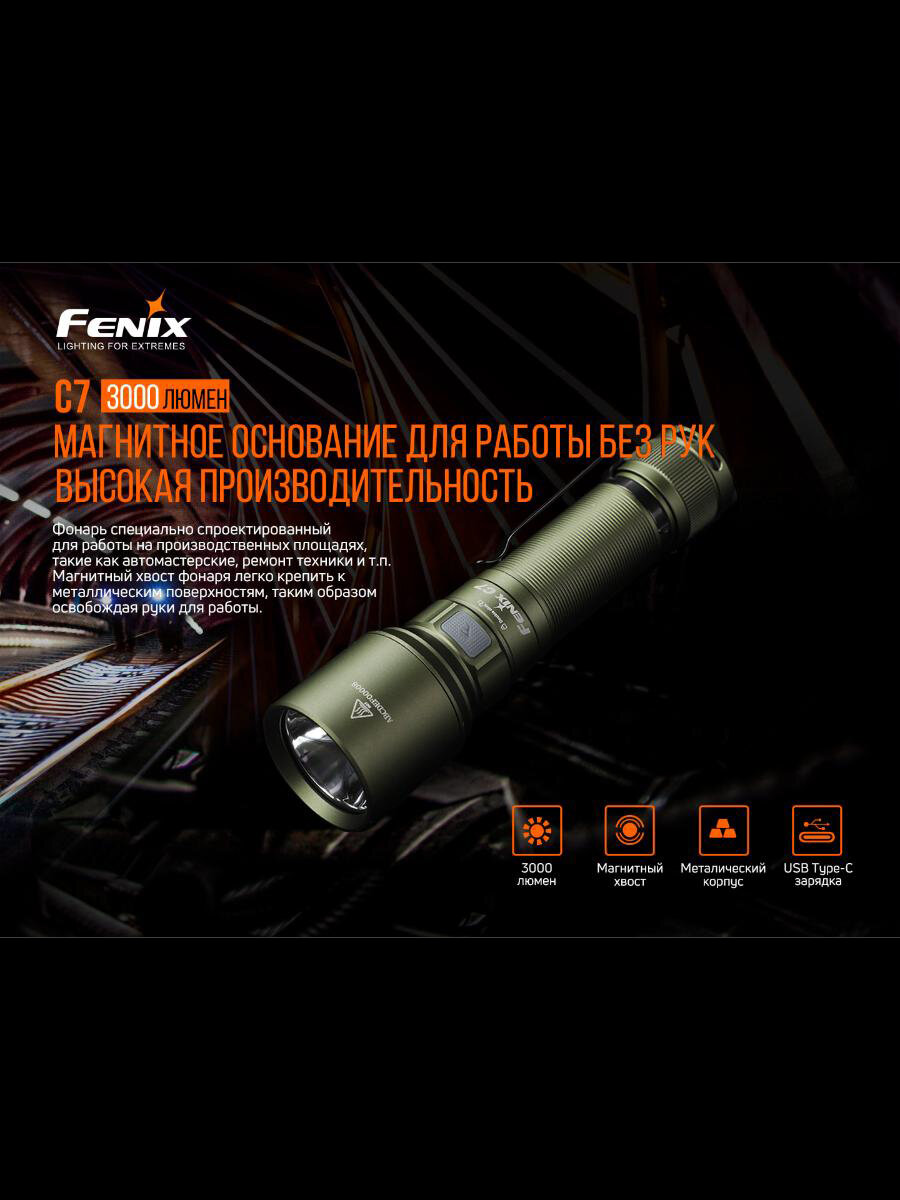 Фонарь Fenix индустриальный C7 зеленый 3000 люмен