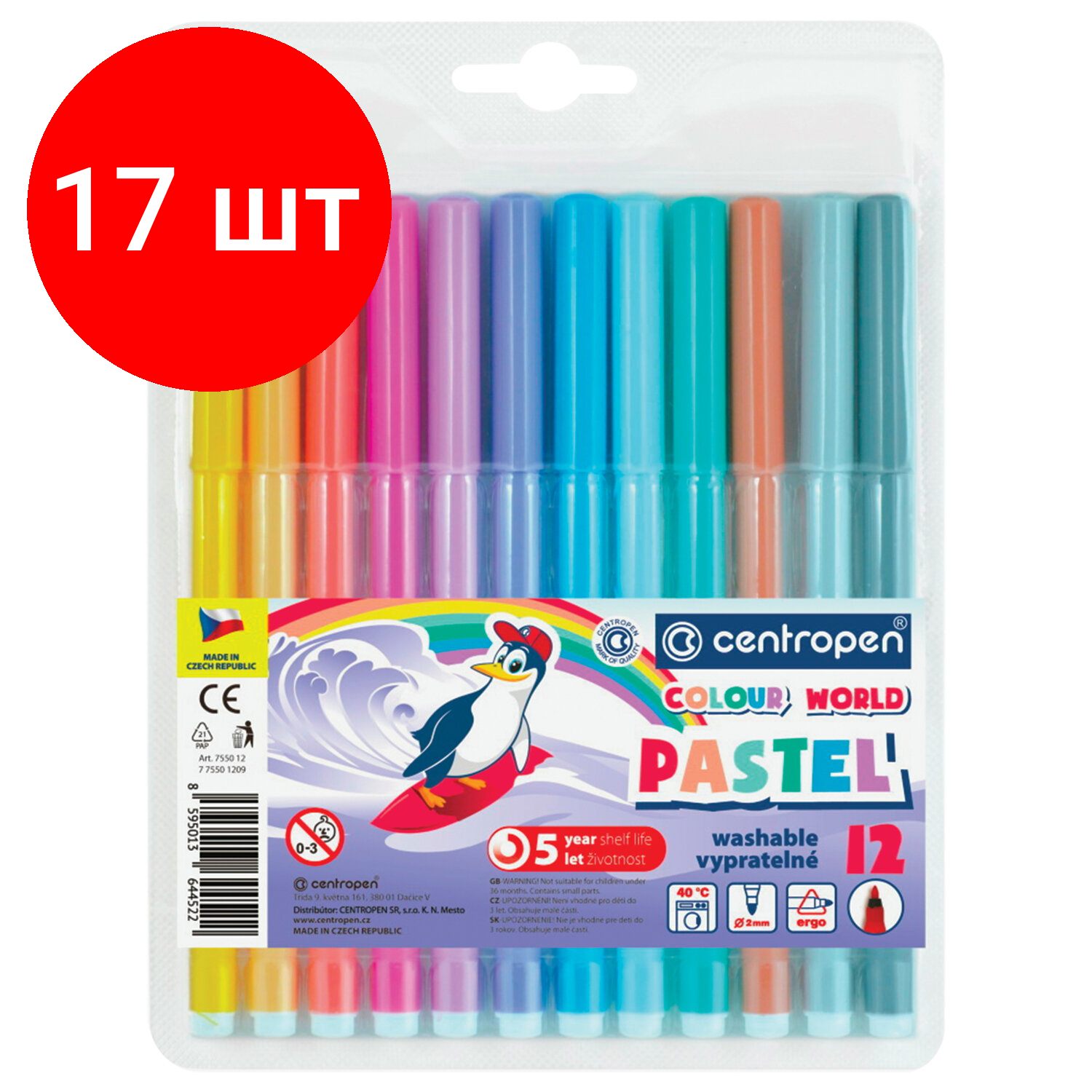 Комплект 17 шт, Фломастеры пастельные 12 цветов CENTROPEN "Colour World Pastel", смываемые, 7550/12TP, 7 7550 1287