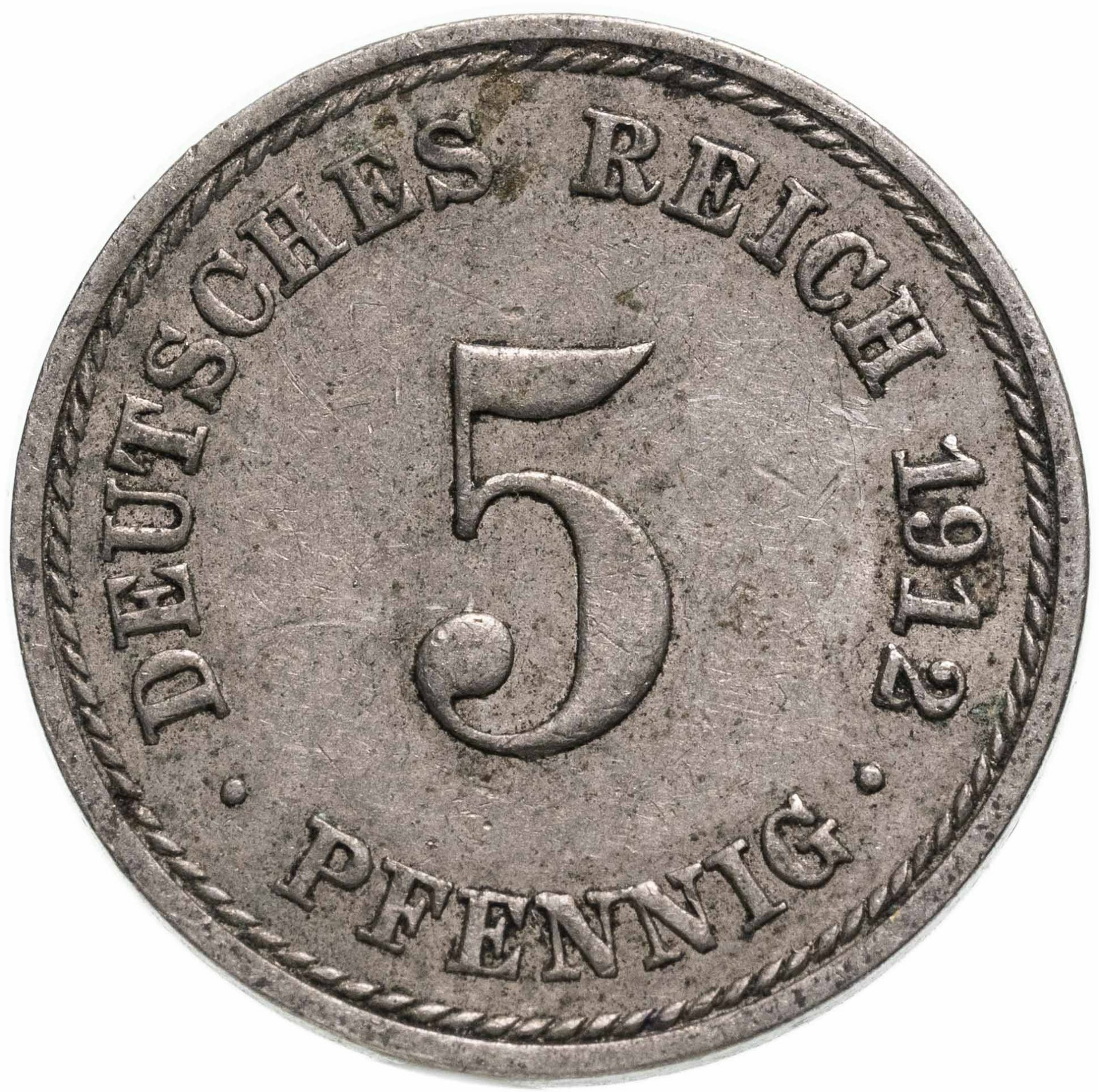 Германия 5 пфеннигов pfennig 1912 A знак монетного двора: "A" - Берлин, Никель, в сохранности XF