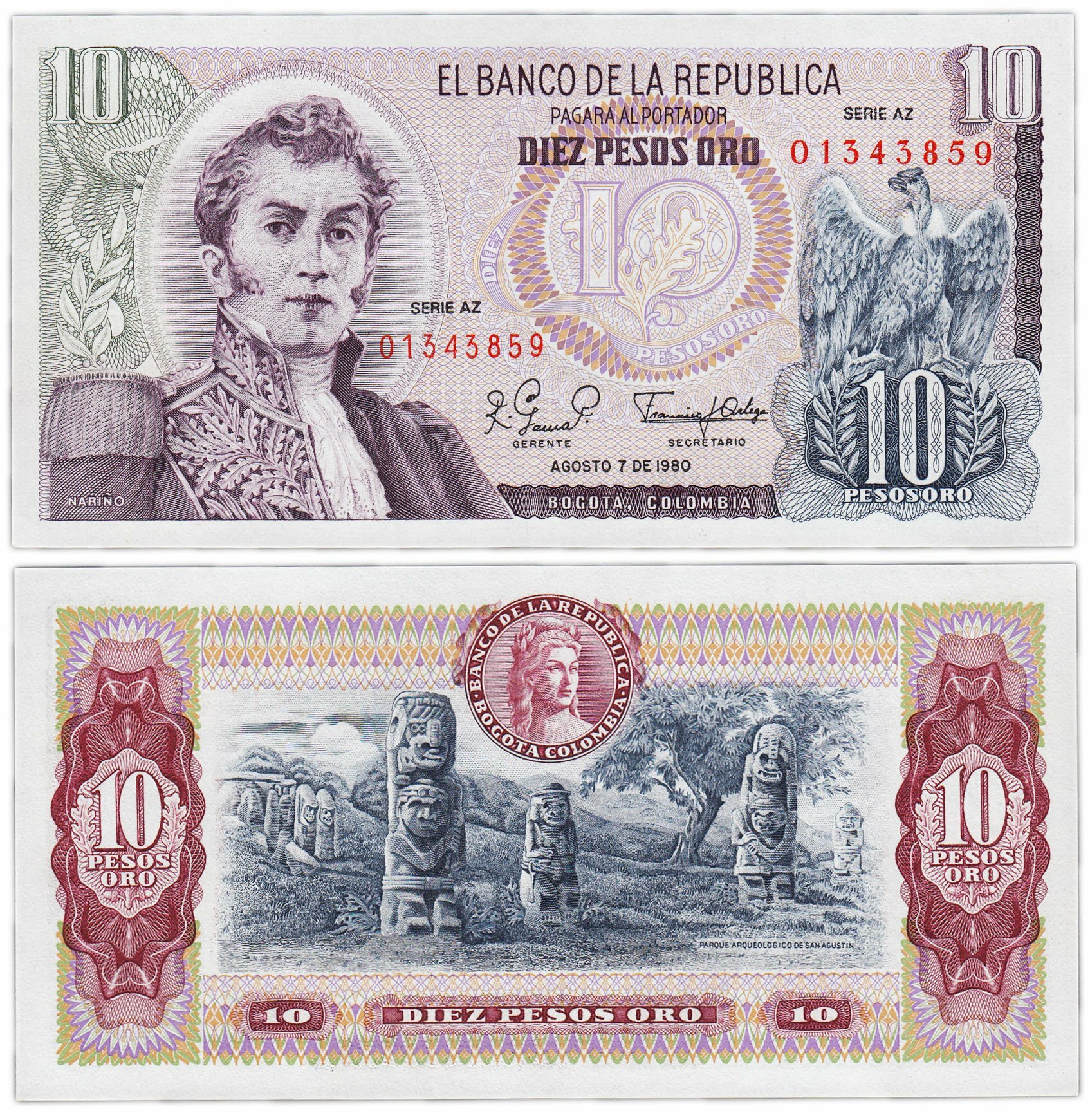 Колумбия 10 песо 1980 год Рick 407h серия AZ
