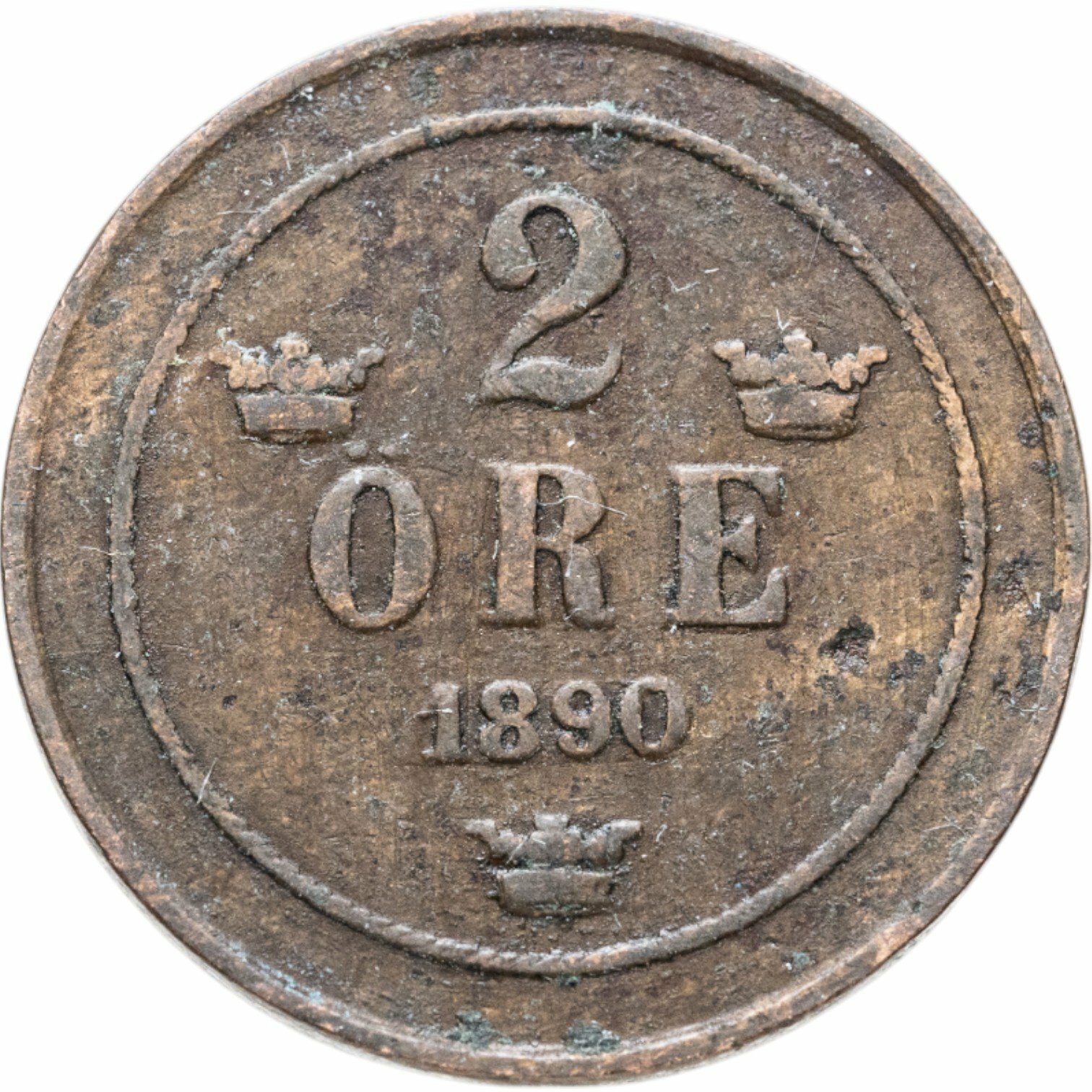 Швеция 2 эре ore 1890, Бронза, в сохранности VF