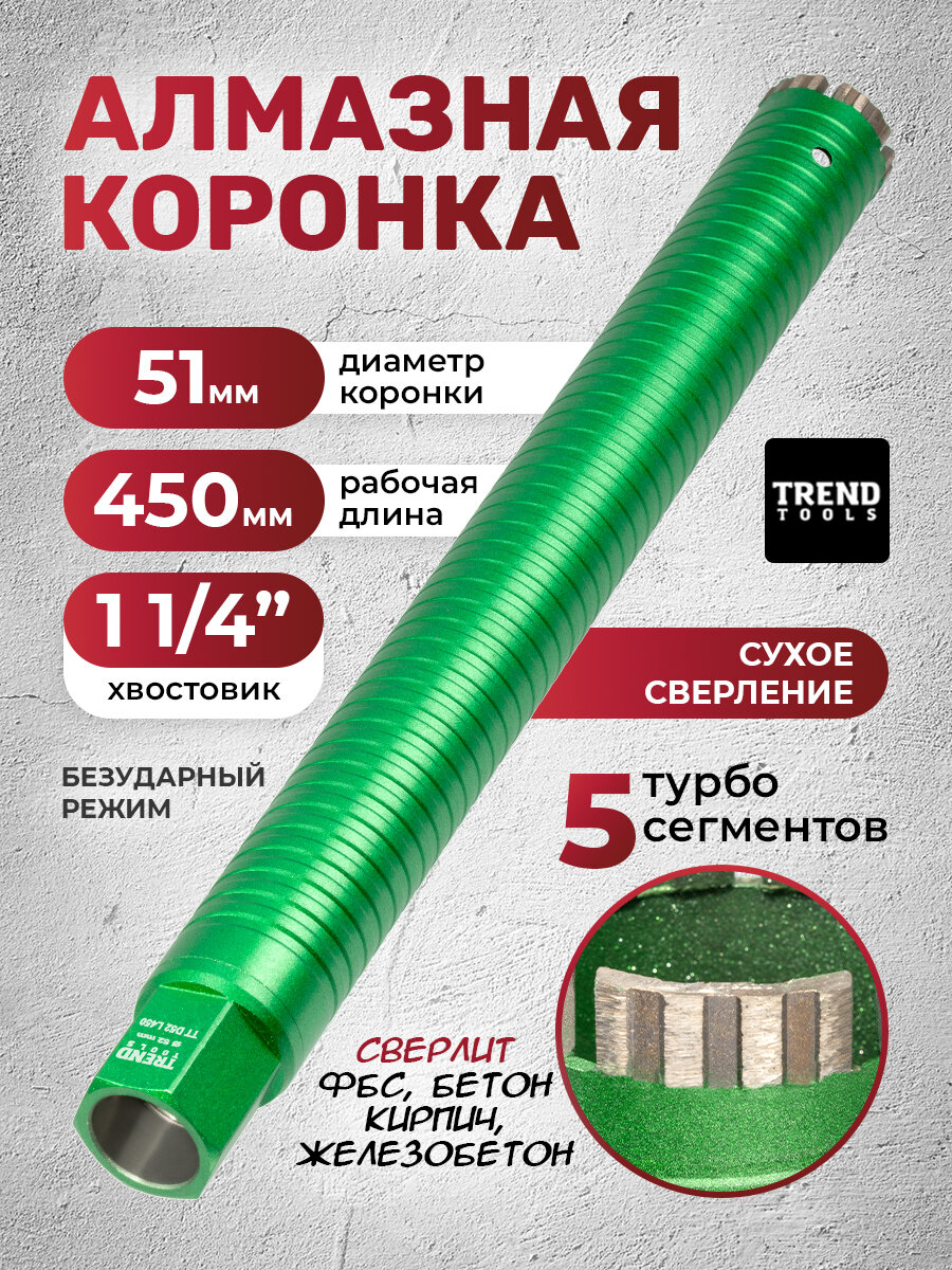 Алмазная коронка по бетону и кирпичу 51мм, длина 450мм, хвостовик 1 1/4", TREND TOOLS