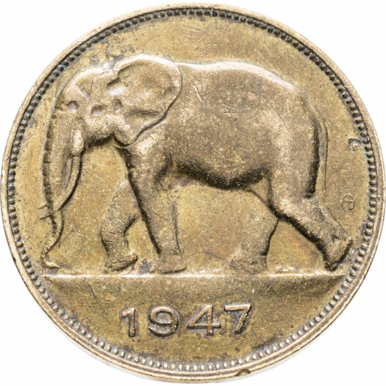 Бельгийское Конго 5 франков francs 1947, Латунь, в сохранности XF