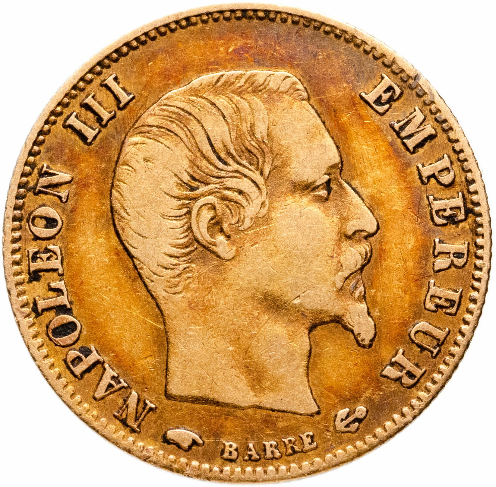 Франция 5 франков francs 1860, знак монетного двора: "A" - Париж, Золото 900, в сохранности XF