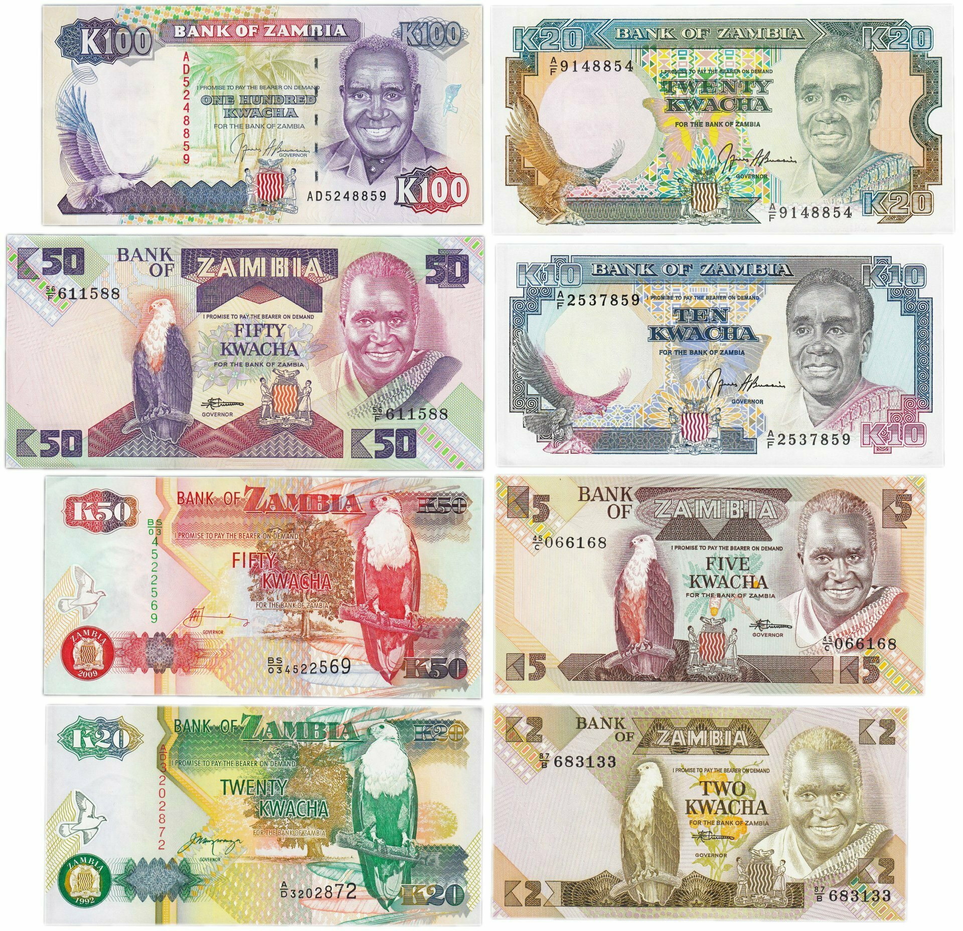 Замбия набор из 8 банкнот 2, 5, 10, 20, 50, 100 квача 1992-2009