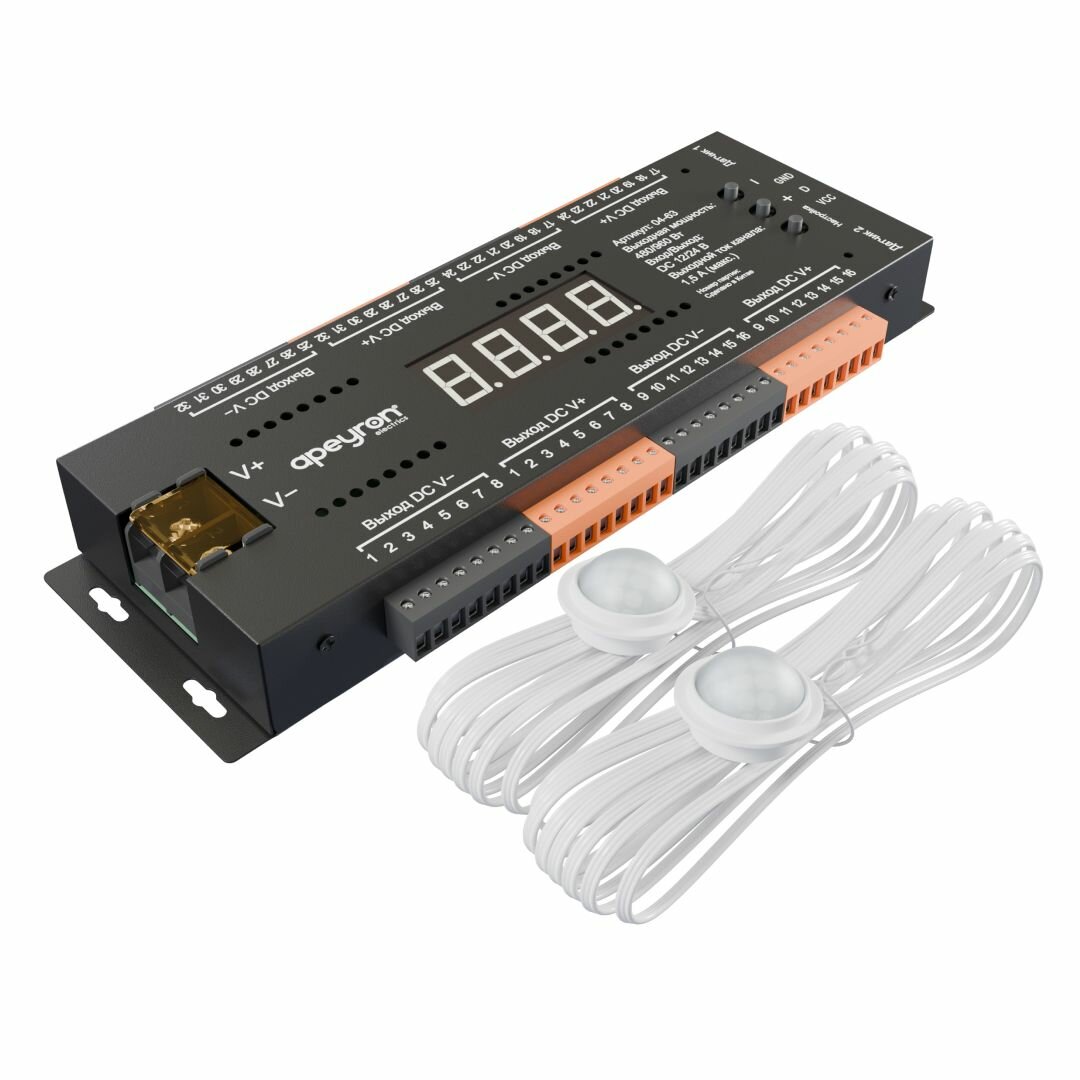 Контроллер для лестницы Apeyron 12В/24В, 480/960Вт, 32CHх1,5А, IP20, 199х63х22,5, 4 реж, 10 скор, черный 04-63