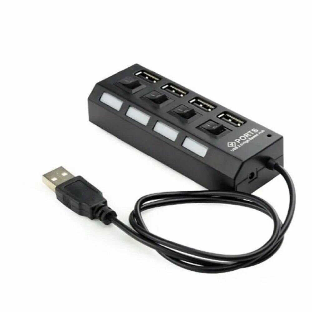 Gembird Кабель Разветвитель USB2.0 4xUSB, блок питания 2А, подсветка и выкл, кабель USB 55см, черный UHB - U2P4 - 02A
