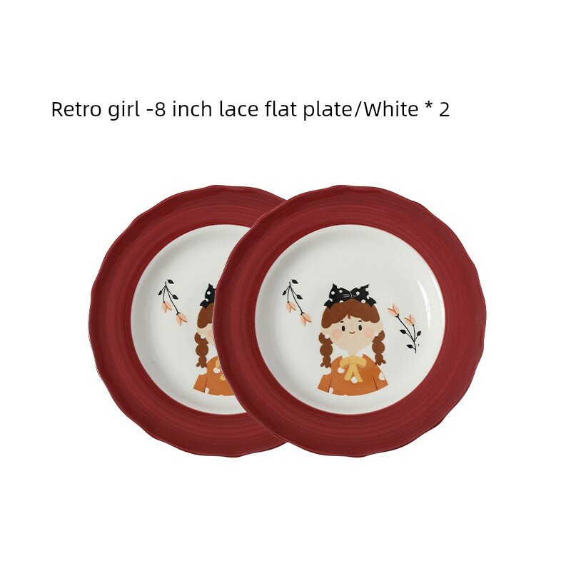 Retro Girl 8-дюймовая керамическая обшитая тарелка, белая, набор из 2 штук для сервировки