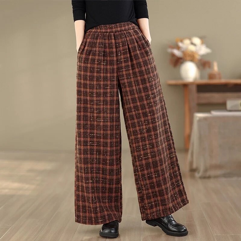 Женские шерстяные широкие брюки в клетку w1692 XXL, Оранжевый, orange