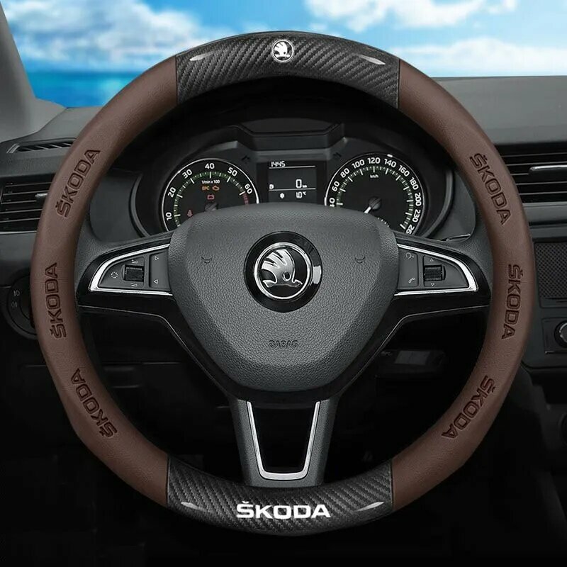 Премиальная оплетка на руль Шкода / Skoda Octavia, Rapid, Yeti, Kodiaq, Fabia, Superb и др. Чехол 37-39см Форма D/О на cкошенный руль