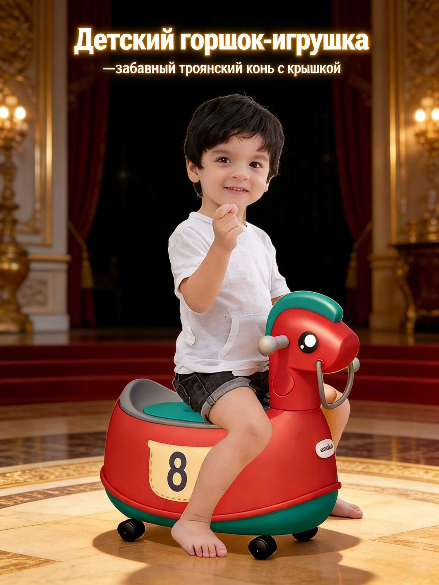 Детский горшок-игрушка: забавный троянский конь с крышкой