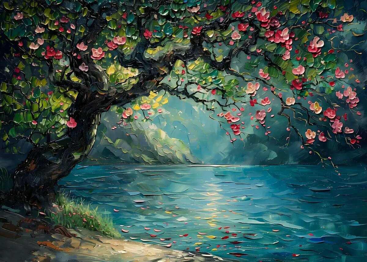 Печать на холсте "Японский стиль, розовый вишневый цвет, гора, черный кот, греческий пейзаж"