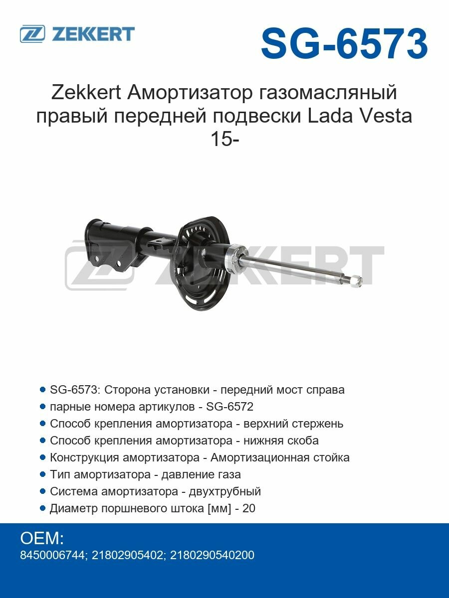 Zekkert Амортизатор газомасляный правый передней подвески Lada Vesta 15-