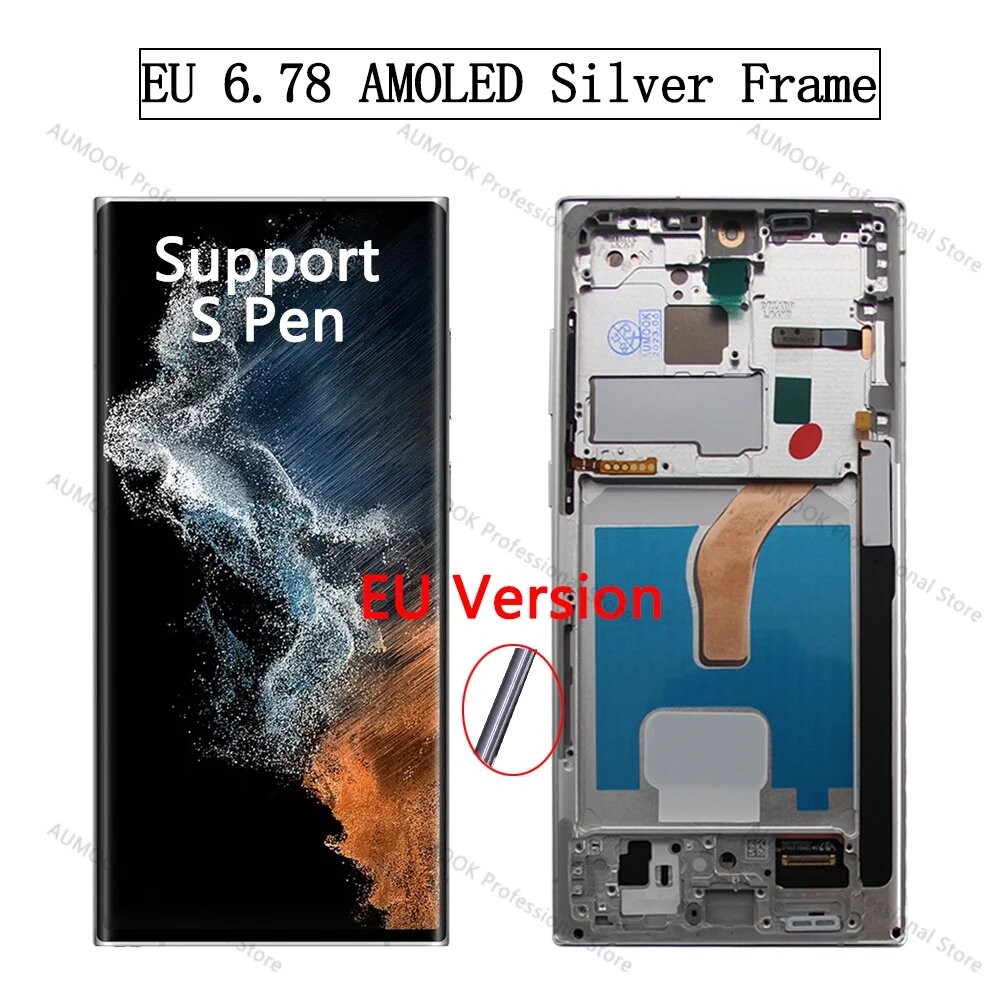 6,8-дюймовый OEM AMOLED-дисплей для Samsung Galaxy S22 Ultra 5G, сенсорный экран AMOLED Silver EU