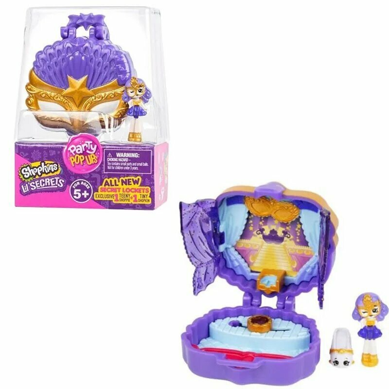 Mosse Shopkins Lil' SECERTS Party Pop Ups All New Secret Locket / Детский набор игрушек-сюрпризов с мини-моделью персонажа, ожерельем и аксессуарами, подходит для детей от 5 лет и старше.