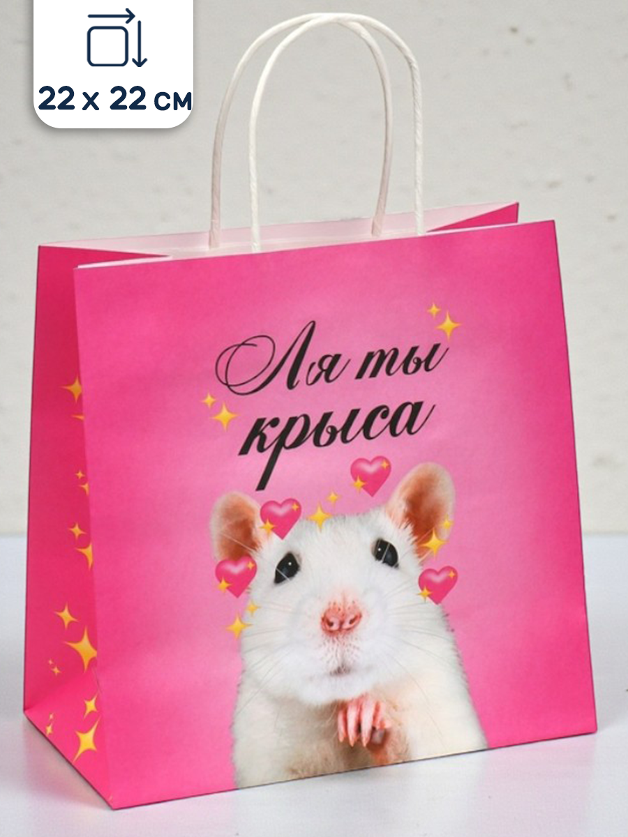 Подарочный пакет Riota "Ля ты крыса", крафт-бумага, розовый, 22х22х11 см