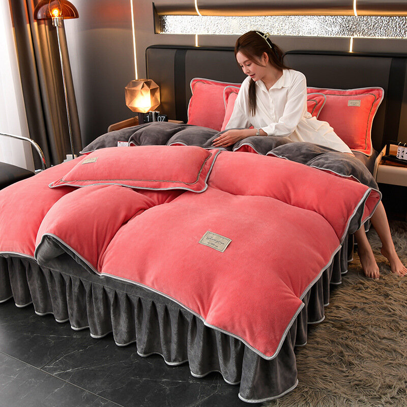 Сгущенный молочный бархат одноцветная юбка из четырех частей Нефрит + высококачественный серый_Юбка-кровать 2,0 м,