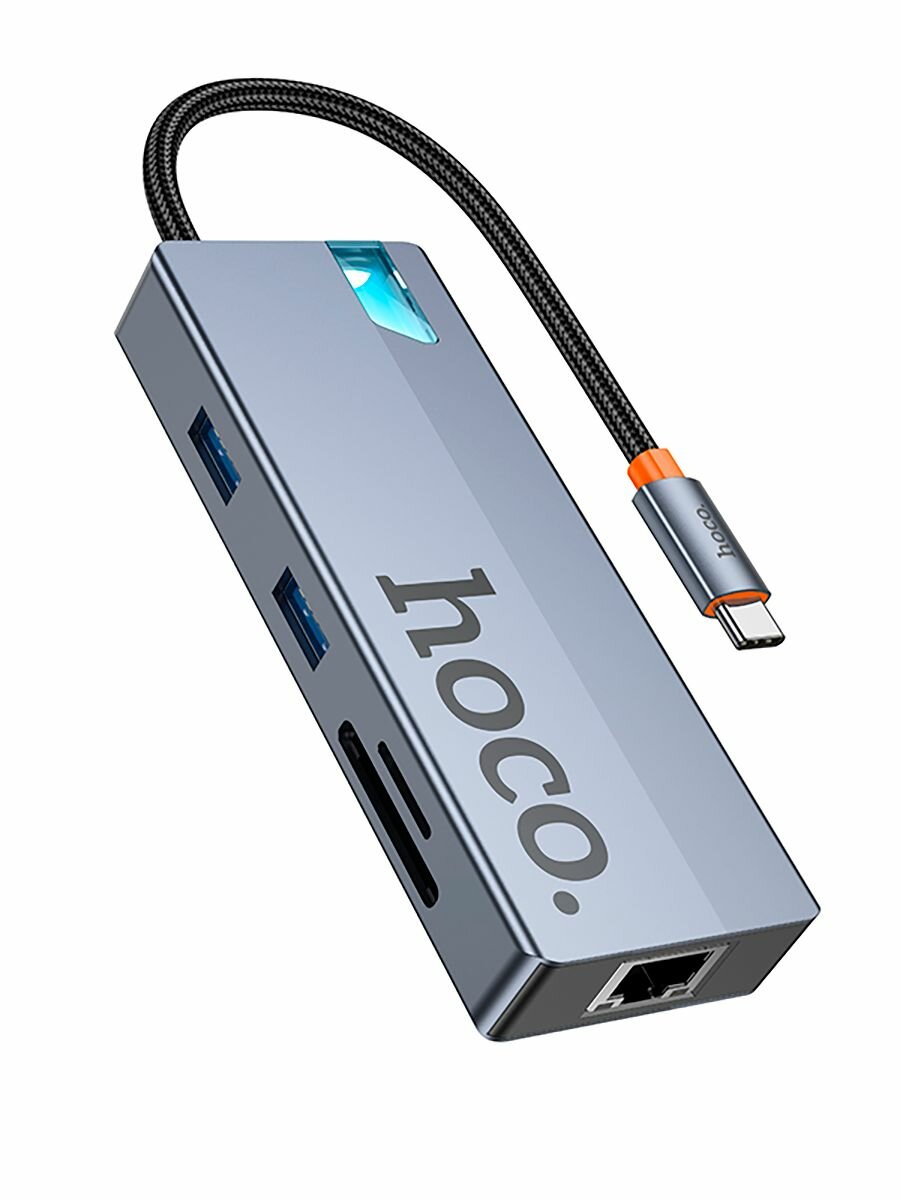 Адаптер-хаб Hoco HB52 (HDMI RJ45 SD/TF PD Type-C3.0 USB3.0*2), серый металлик (USB концентратор-разветвитель / переходник для макбука)