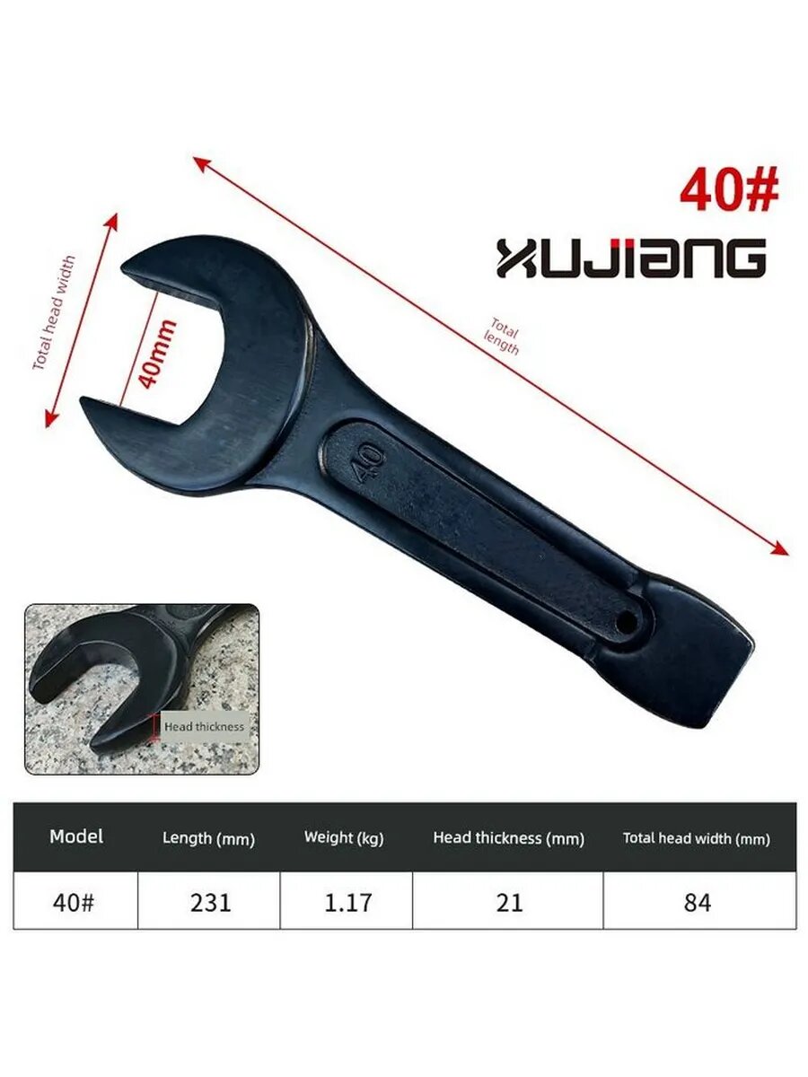 Прочный гаечный ключ (открытый, 40 мм, вес 1.17 кг)