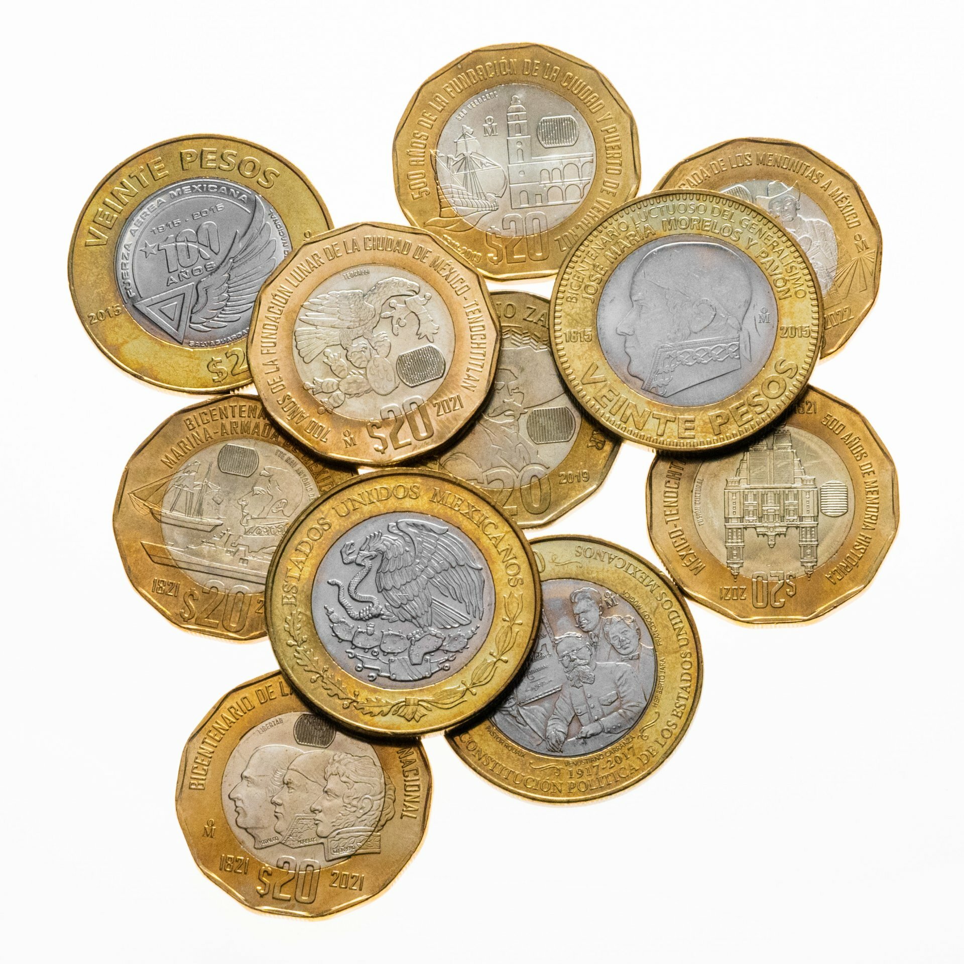 Мексика набор монет 20 песо pesos 2015-2022 11 штук, Биметалл, в сохранности AU-UNC