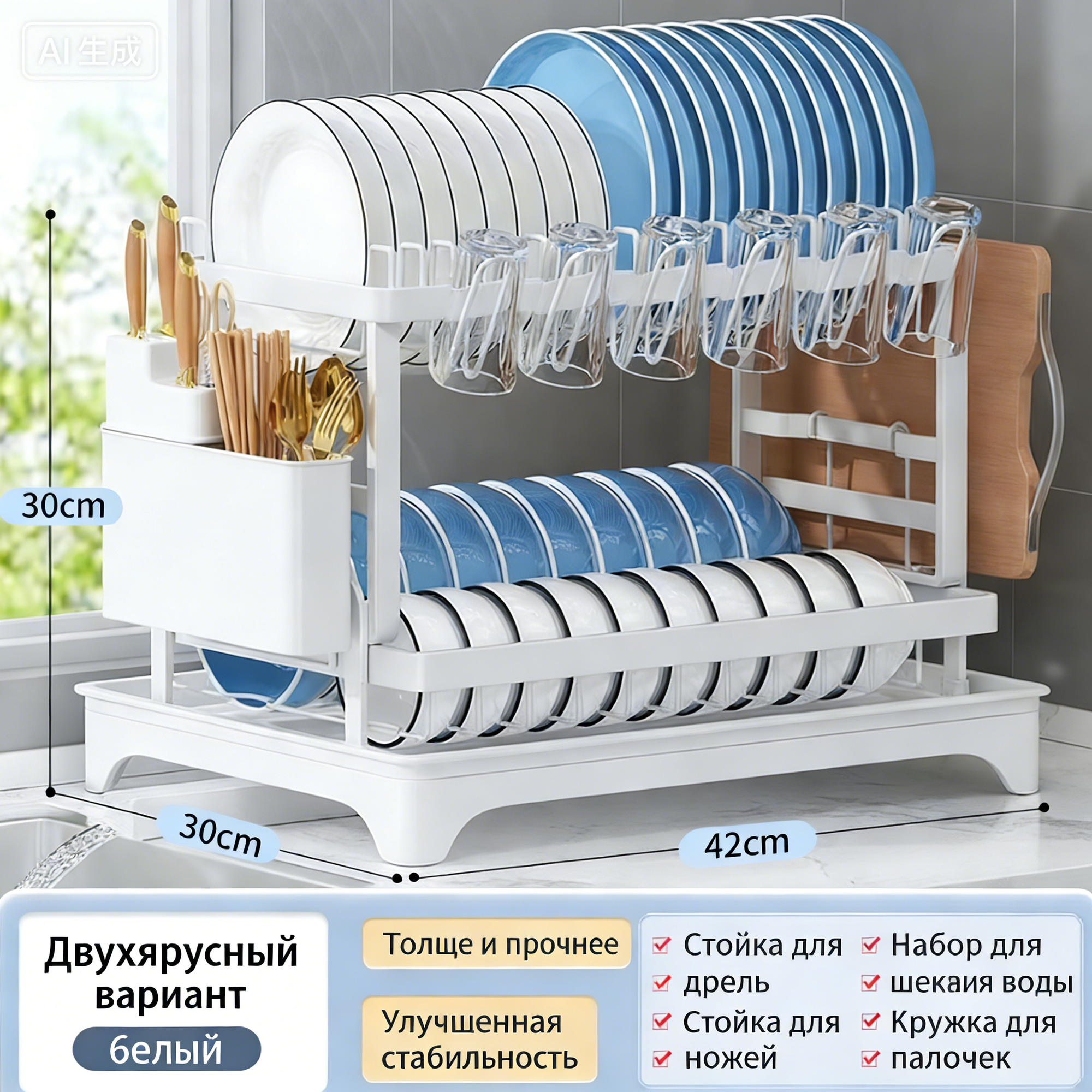 Сушилка для посуды, нержавеющая сталь, настольная, 2 яруса, с поддоном и сливом