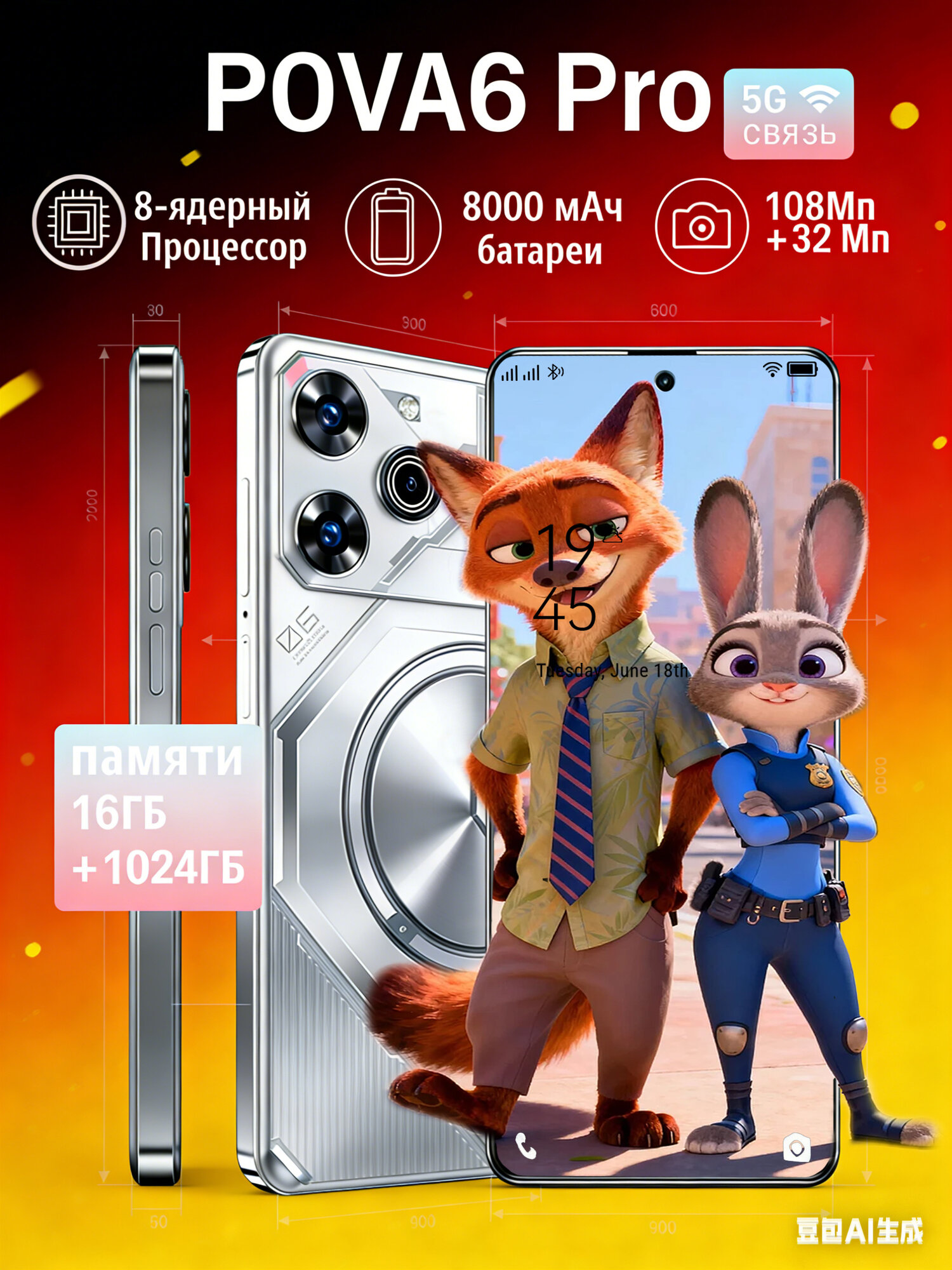 Игровые телефоны android 14, POVA6 Pro, AMOLED, 8000mAh,16GB+1Tб，3120X1440, nfc