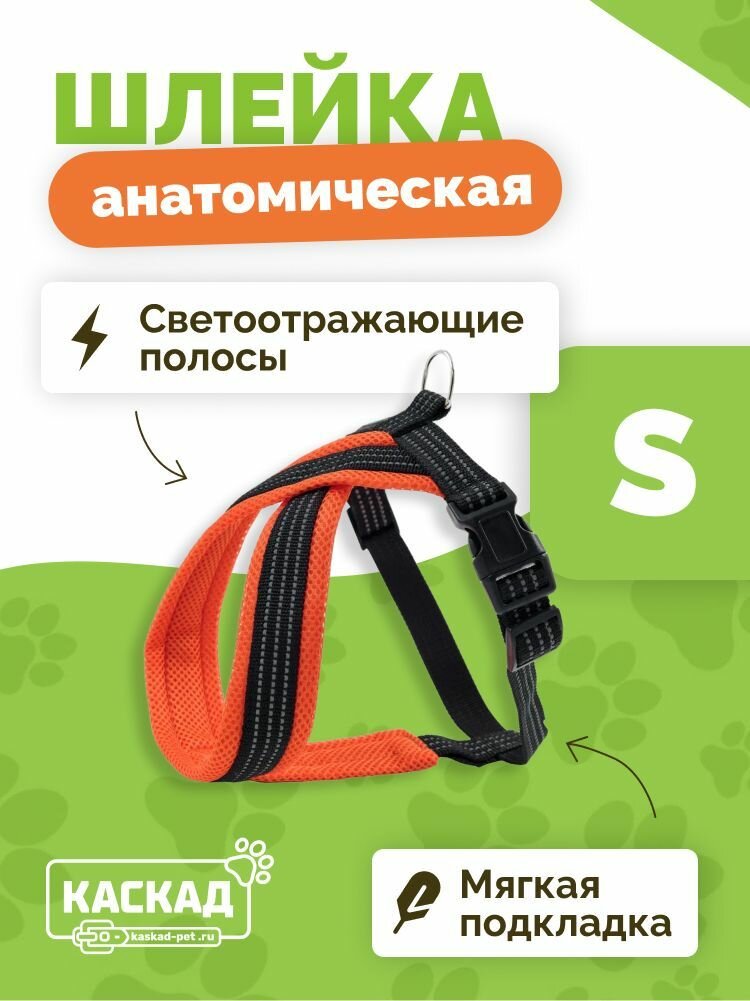 Шлейка для собак анатомическая Каскад , с мягкой подкладкой, 1,5х26х34-45 см, оранжевая, S