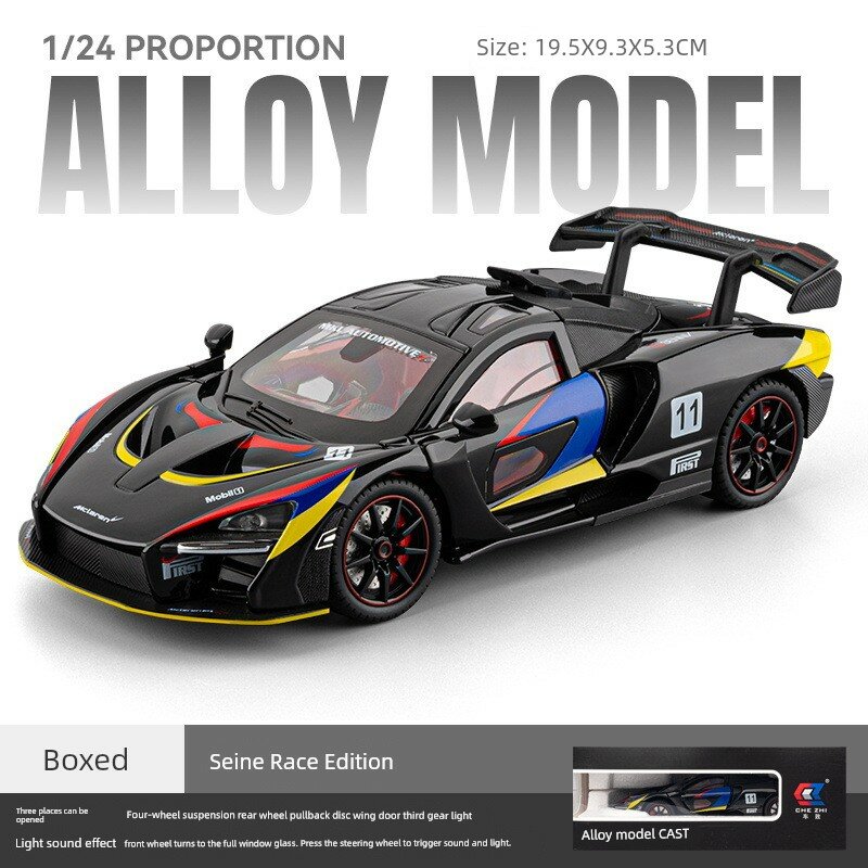 Черная модель автомобиля McLaren Senna Track Edition в масштабе 1/24 из сплава с функцией света и звука, игрушечная