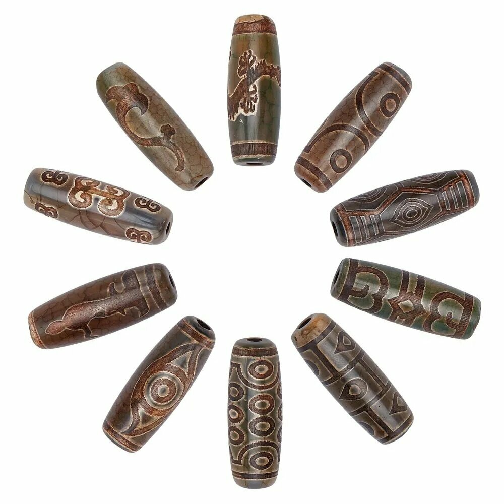 10 шт. бусин дзи в тибетском стиле, 10 видов, натуральные бусины агата, окрашенные, нагретые, овальные, смешанные узоры, 28,5 x 10 мм