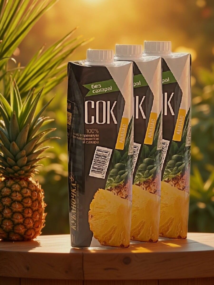 Кубаночка сок Ананасовый без сахара 1000 мл(Набор из 3 шт)