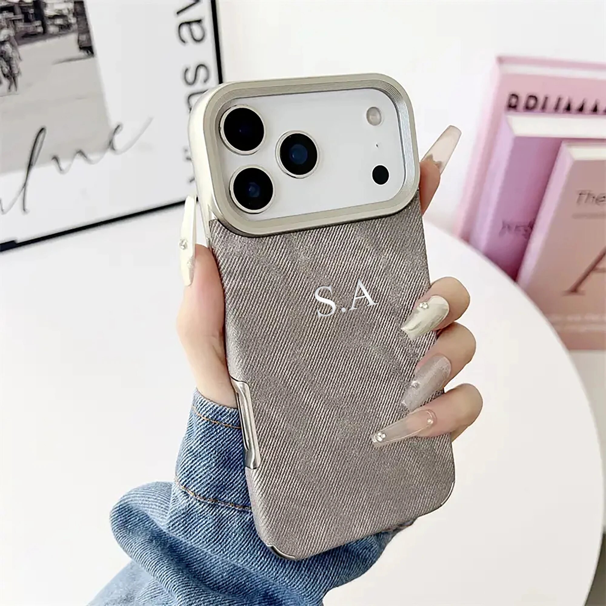 Персонализированный чехол для телефона с джинсовым узором из искусственной кожи с тиснением из горячей фольги для iPhone 17, 16, 15, 14, 13 Pro Max Air Dark gray, For iPhone 17 ProMax