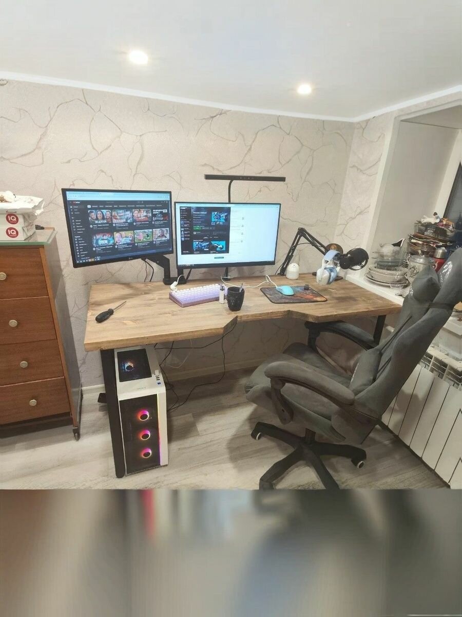 Компьютерный письменный стол из массива сосны 60x150 см, в стиле лофт, темный орех.