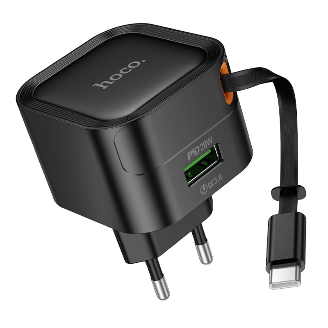Сетевое зарядное устройство, 1 USB 3.0 QC+встроенный кабель-рулетка Type-C, 20W (C154A), HOCO, черный