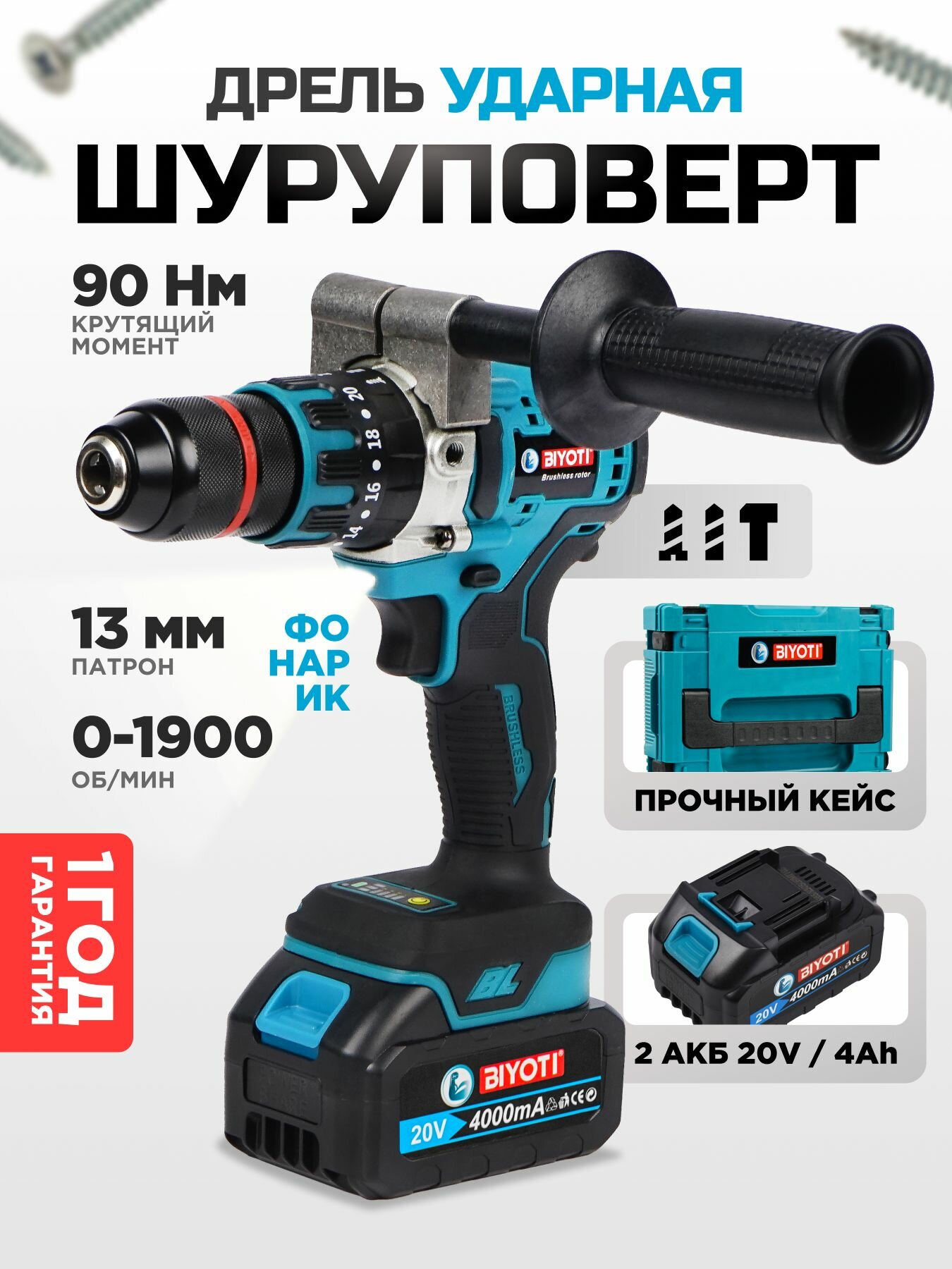 Бесщеточный шуруповерт аккумуляторный в кейсе 20В, 90 Нм, 2 АКБ / Ударная дрель с двумя аккумуляторами BIYOTI