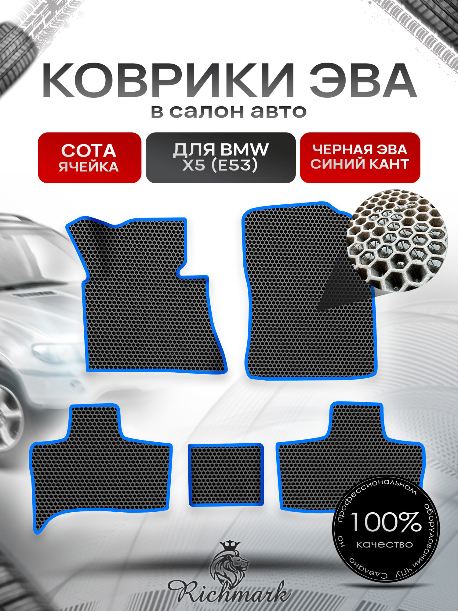 Коврики ЭВА сота для авто Бмв / BMW X5 (E53) 1999-2006 Г. В. Чёрный с Синим кантом